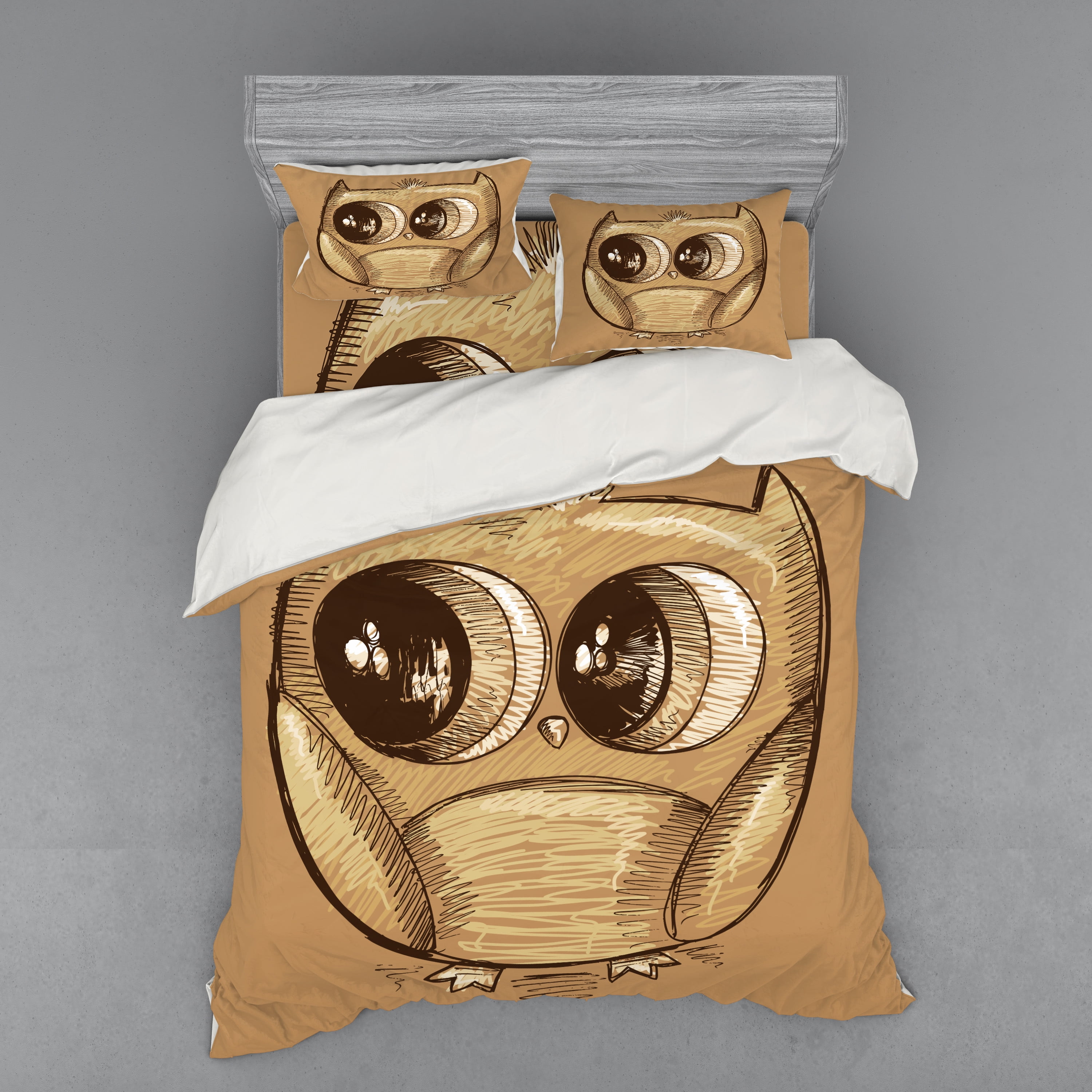 Ambesonne Cartoon Bedding Set 4 Pcs, Owl Big Eyes, Queen, Pale Brown ...