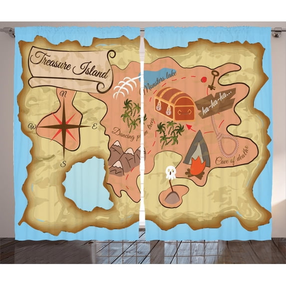 Ambesonne Cartoon Curtains 2 Panel Set, Treasure Map Adventure, 108" x ...