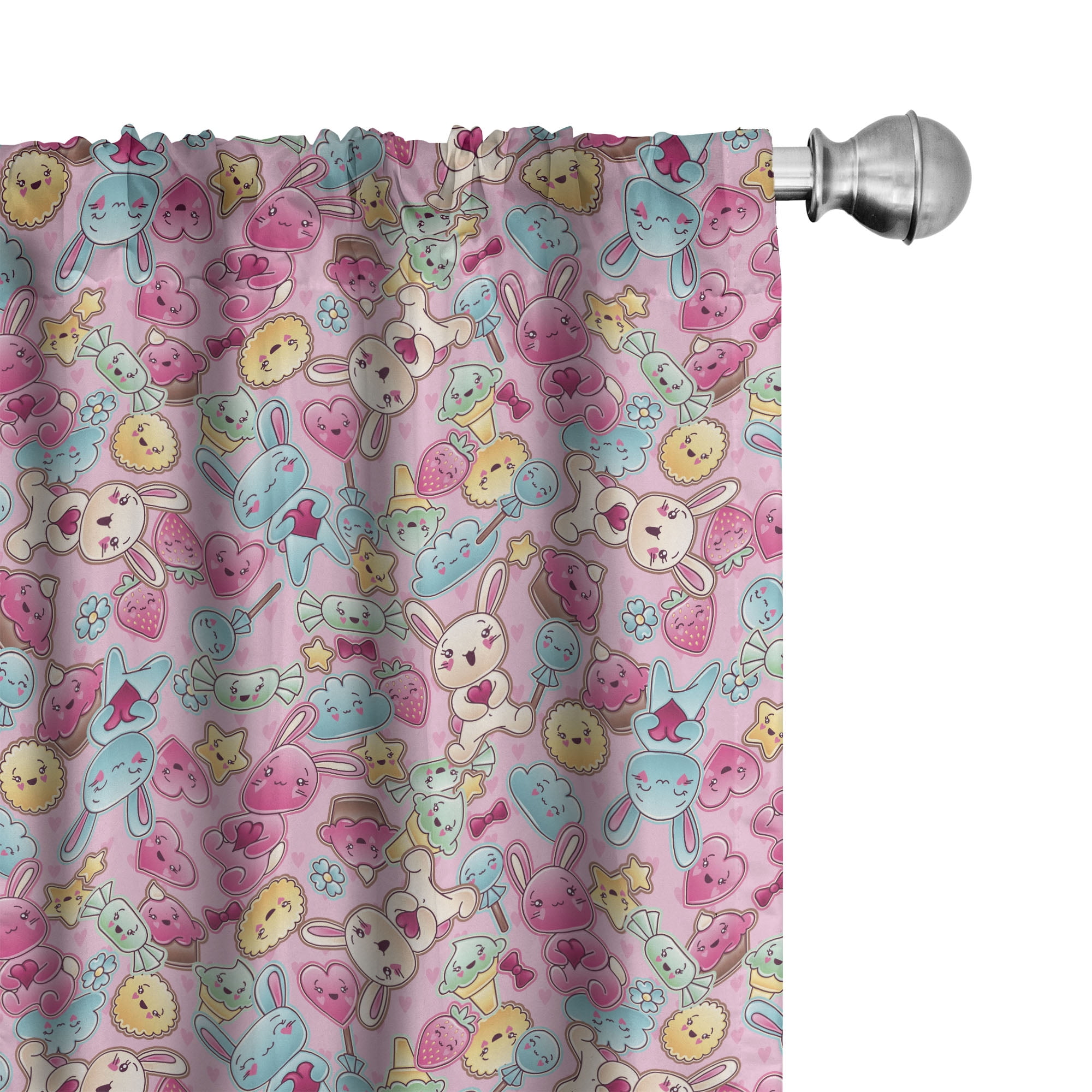 Ambesonne Cartoon Curtains, Kawaii Bunnies and Candy, Pair of 28"x63 ...
