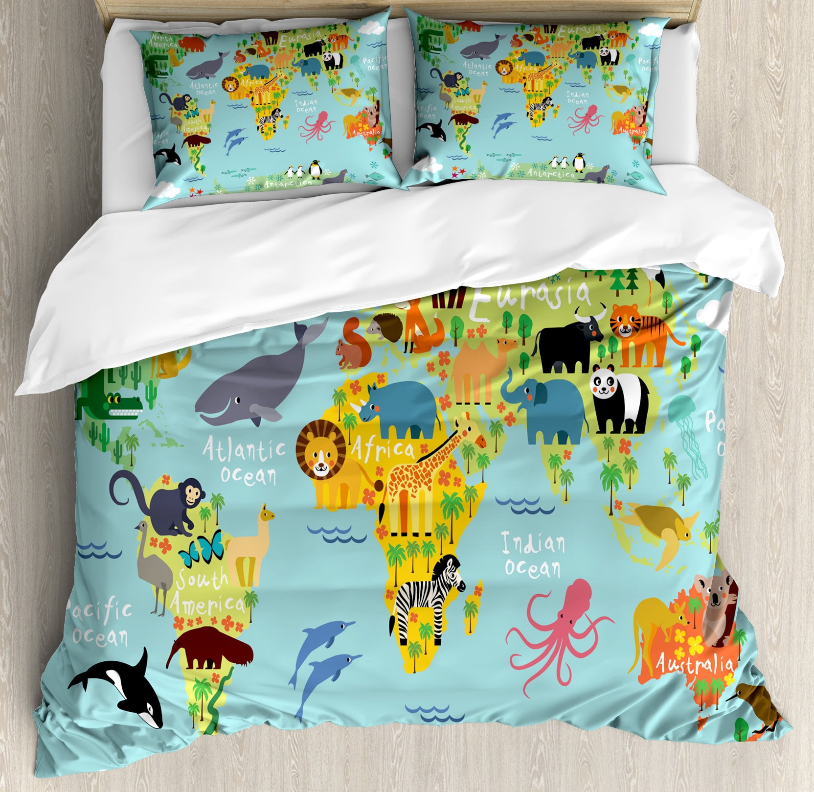 Ambesonne Cartoon Duvet Cover Set, Animal Map of the World, 2-Calking ...