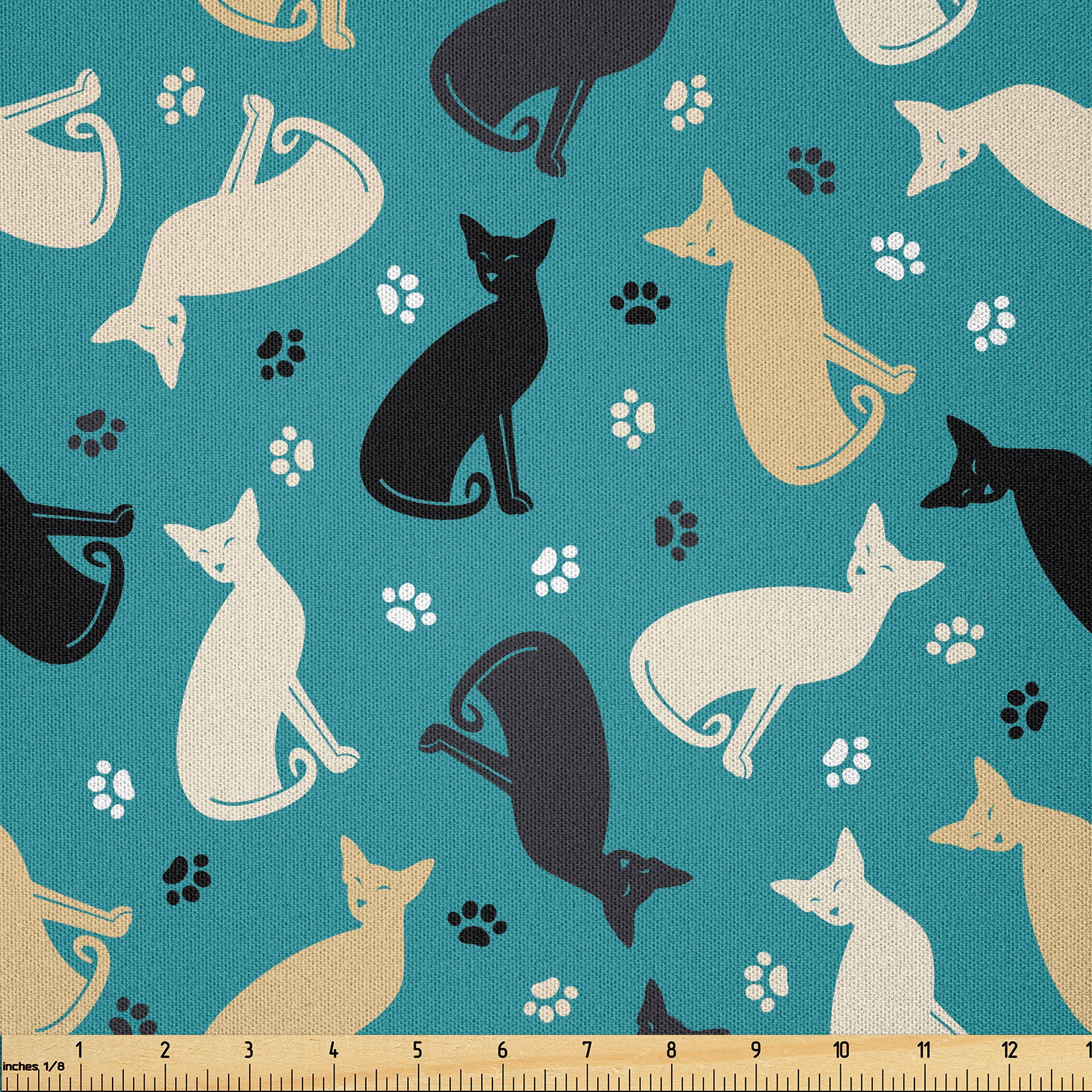 Ambesonne Cartoon Fabric by the Yard Microfiber, Cats and Paw Traces ...