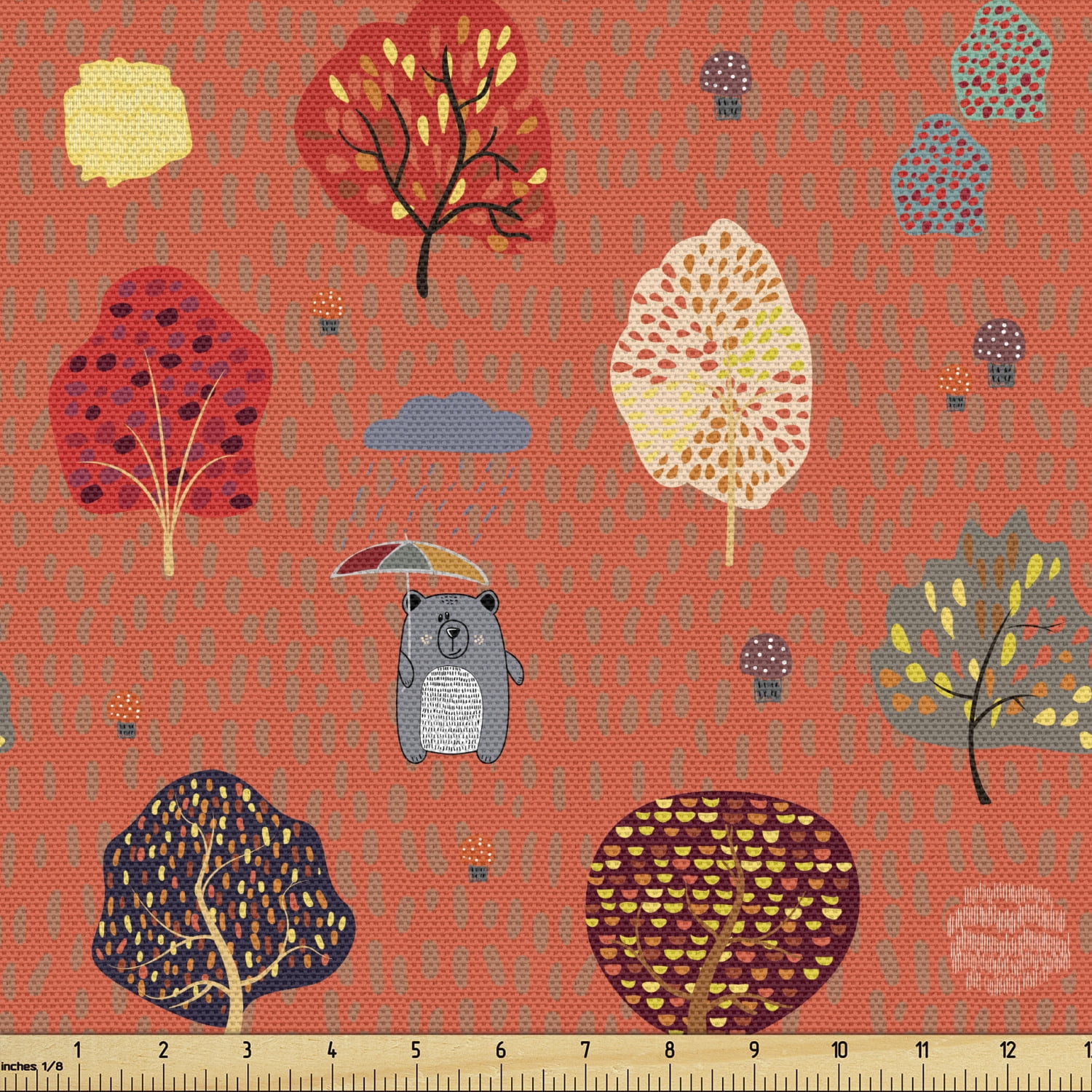 Ambesonne Cartoon Fabric by the Yard Upholstery, Bear with Umbrella ...