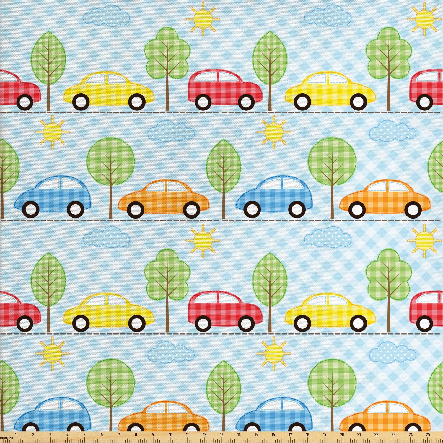 Ambesonne Cartoon Fabric by the Yard Upholstery, Checkered Cars with ...
