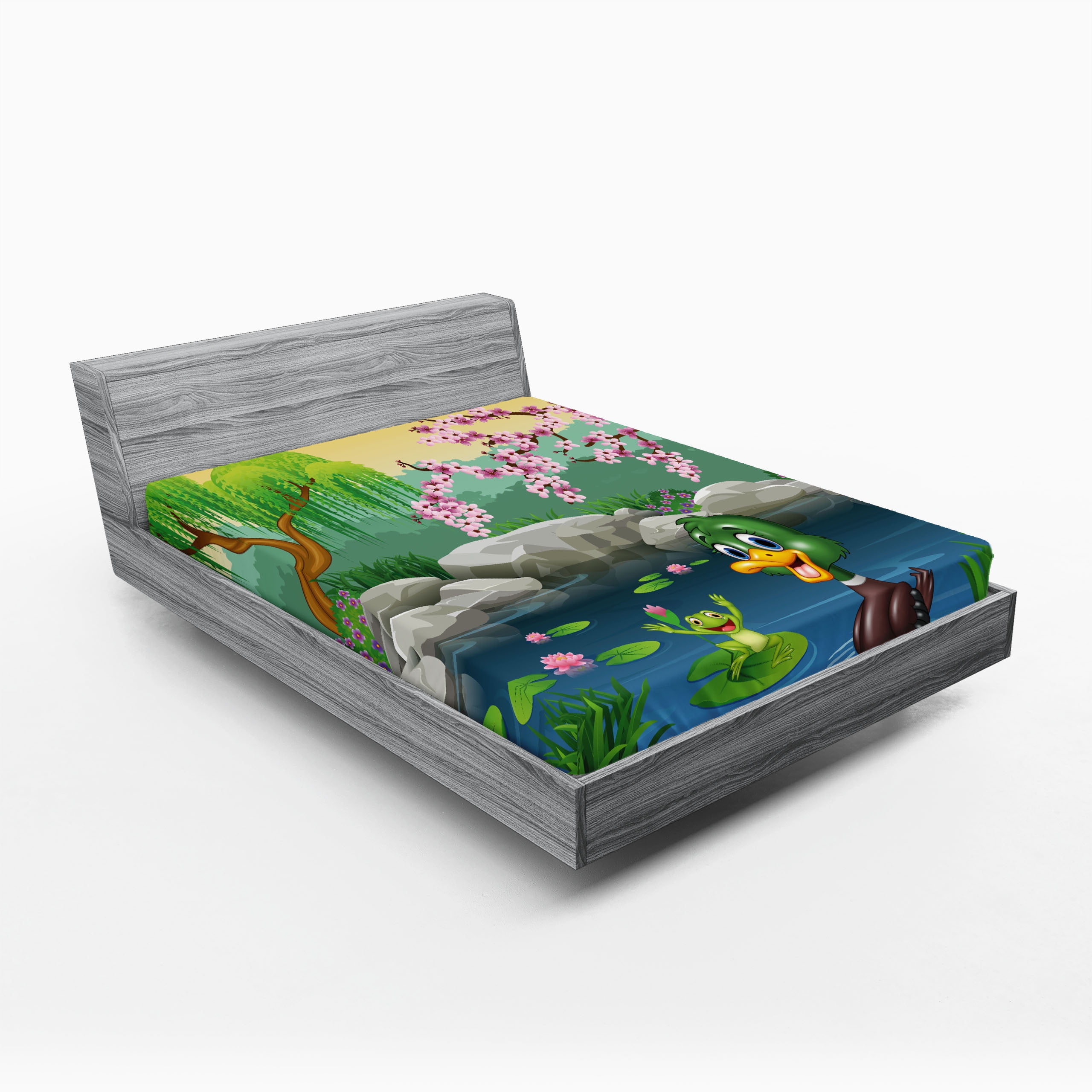 Ambesonne Cartoon Fitted Sheet, Duck and Frog in a Lake, Queen Size ...