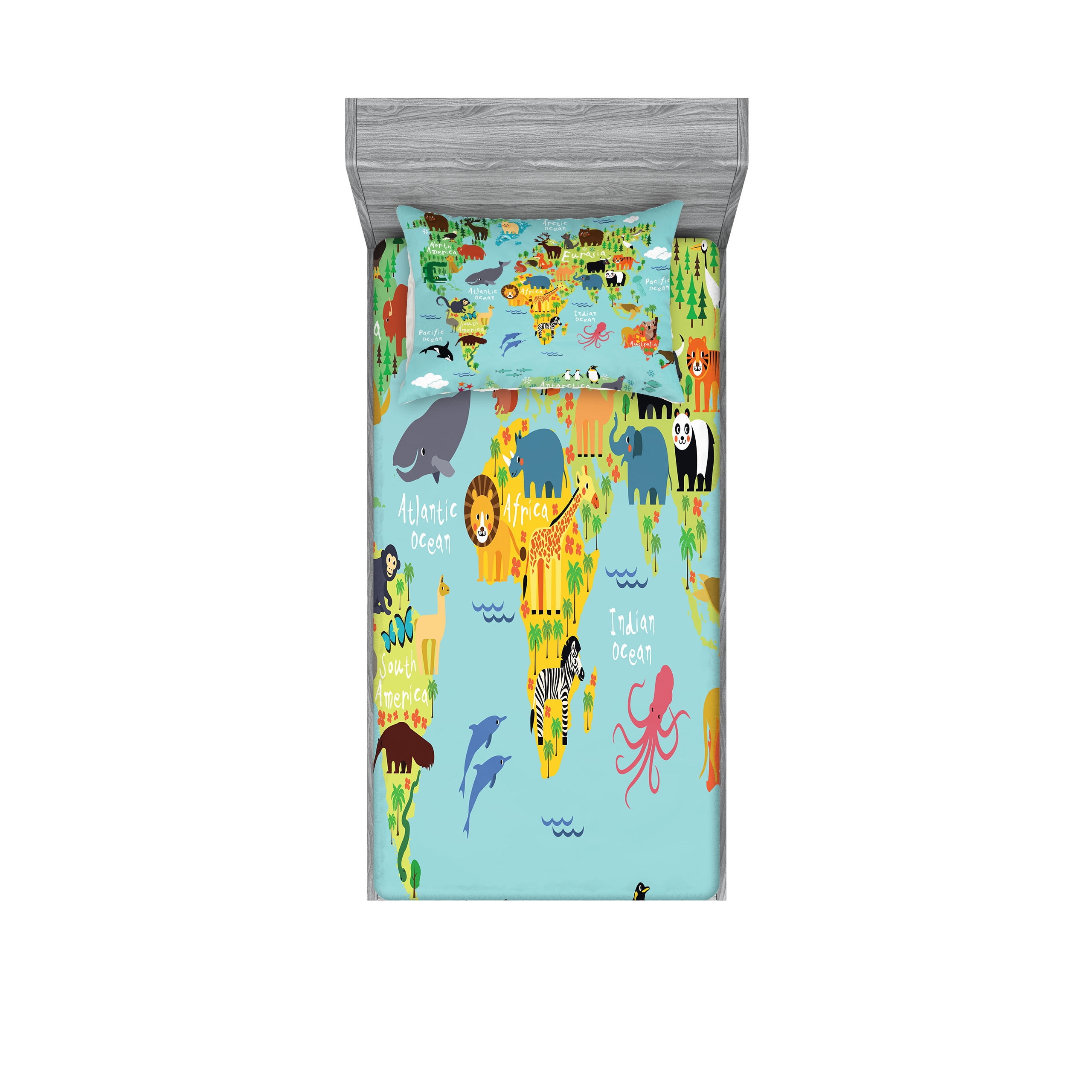 Ambesonne Cartoon Fitted Sheet & Pillow Sham Set, Animal Map of the ...