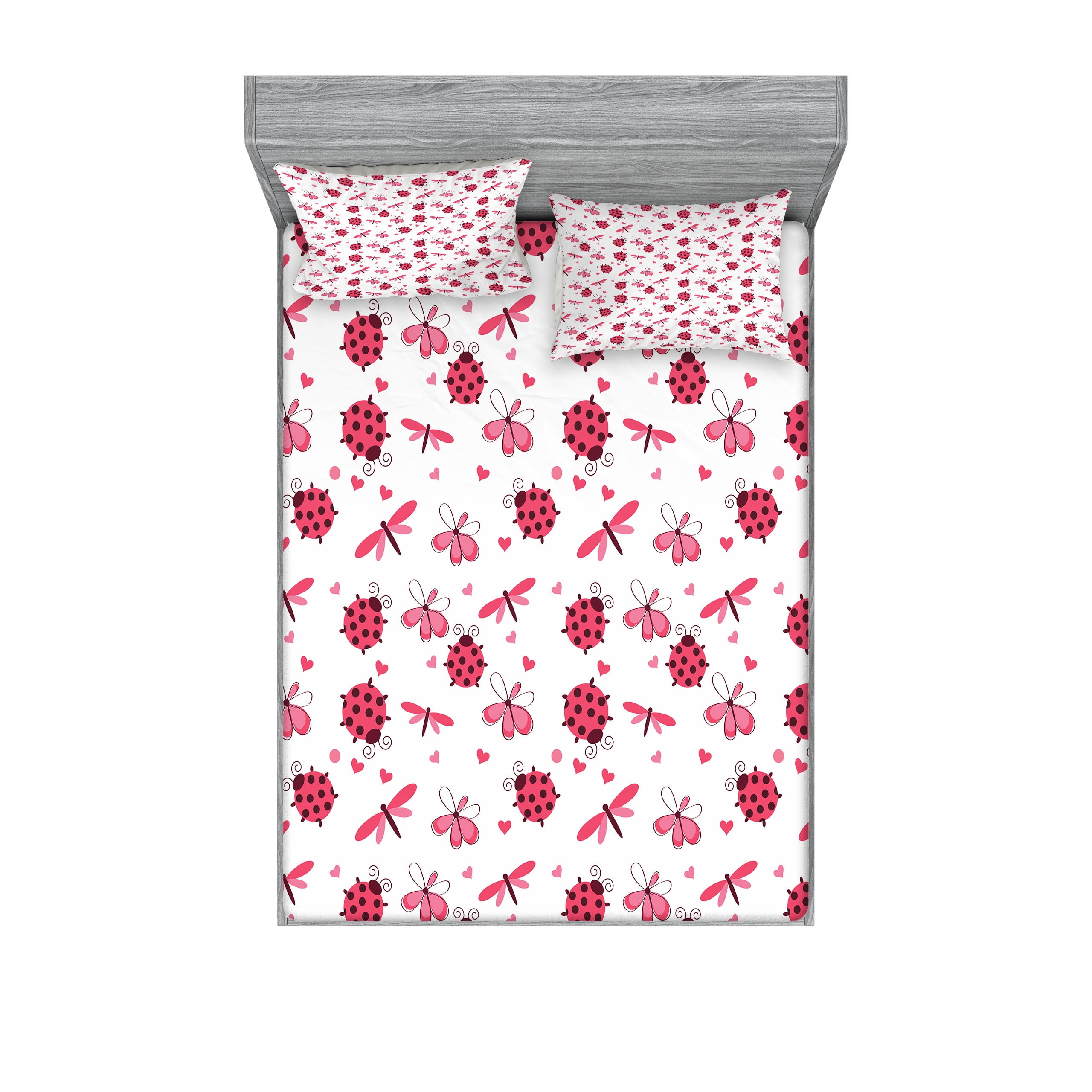 Ambesonne Cartoon Fitted Sheet & Pillow Sham Set, Dragonfly Ladybugs ...