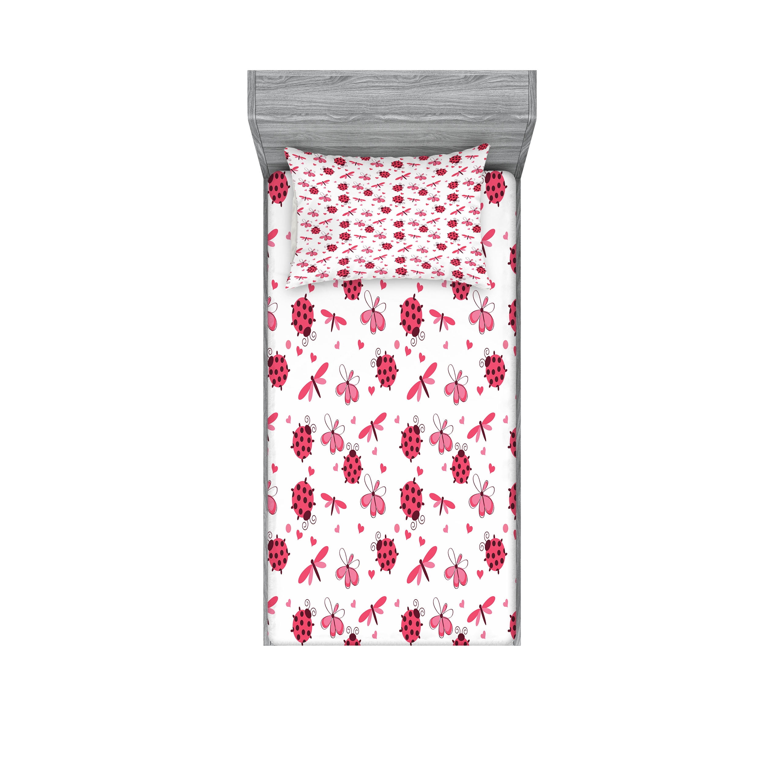 Ambesonne Cartoon Fitted Sheet & Pillow Sham Set, Dragonfly Ladybugs ...