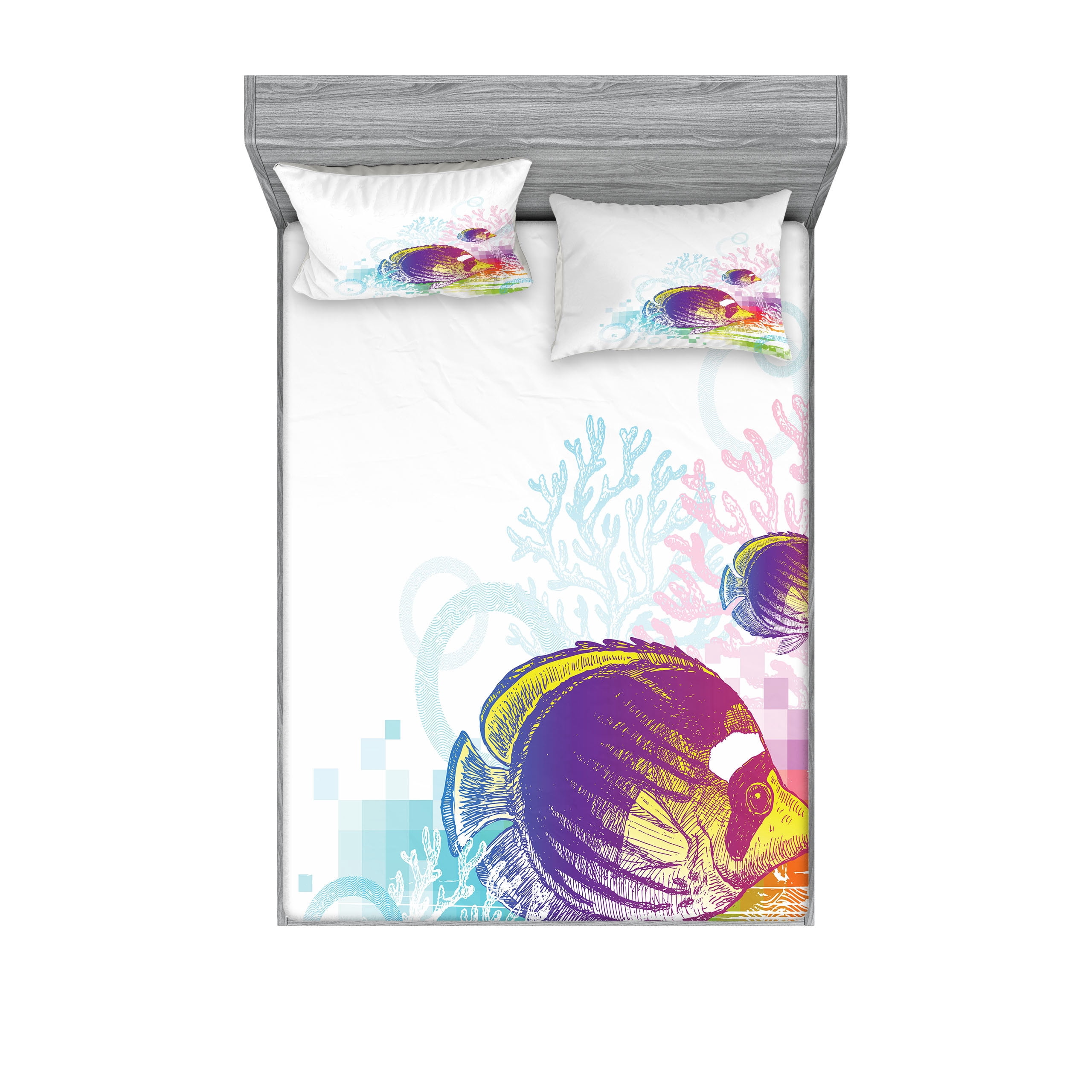 Ambesonne Cartoon Fitted Sheet & Pillow Sham Set, Fish Sea Theme, Queen ...