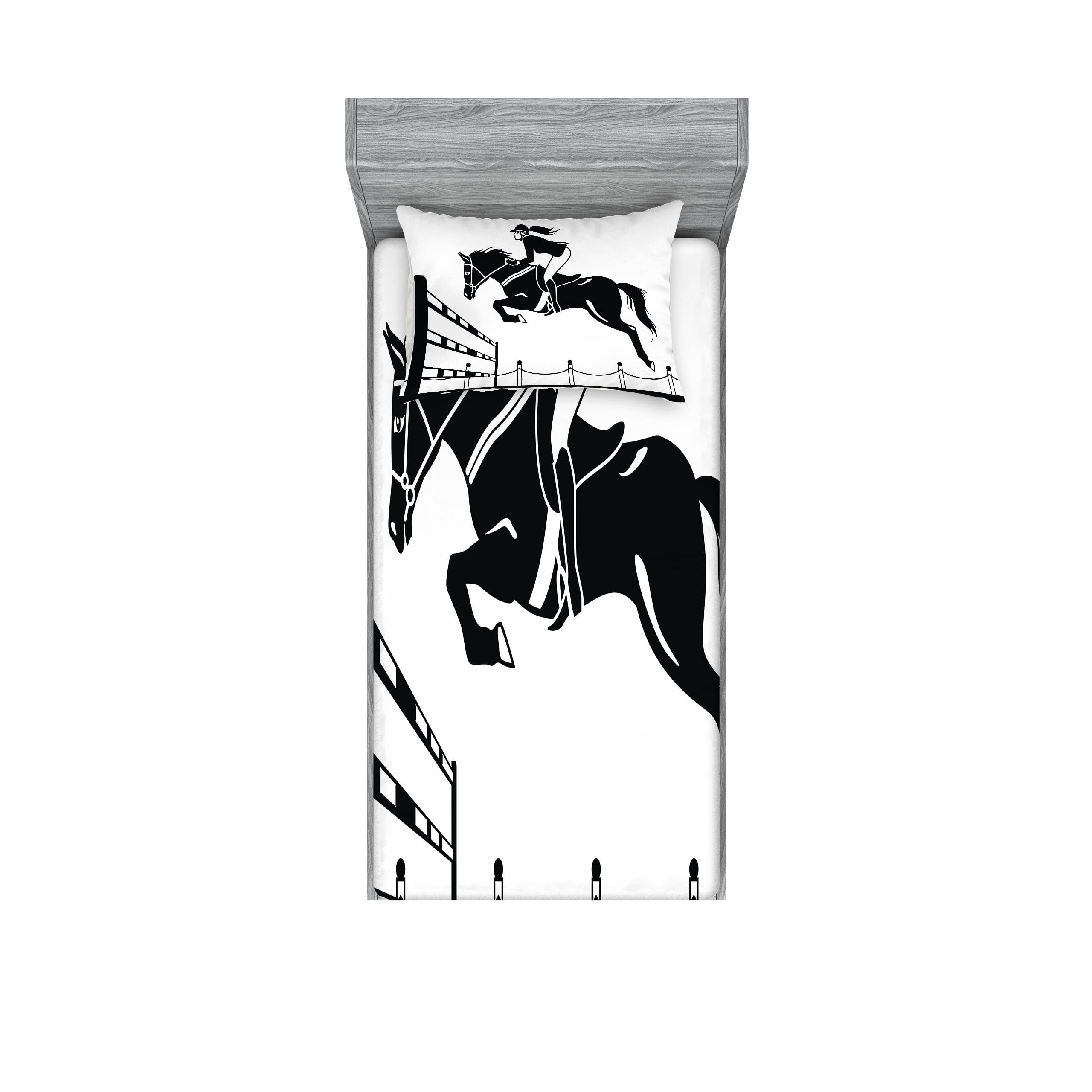 Ambesonne Cartoon Fitted Sheet & Pillow Sham Set, Jockey Girl Jumping ...