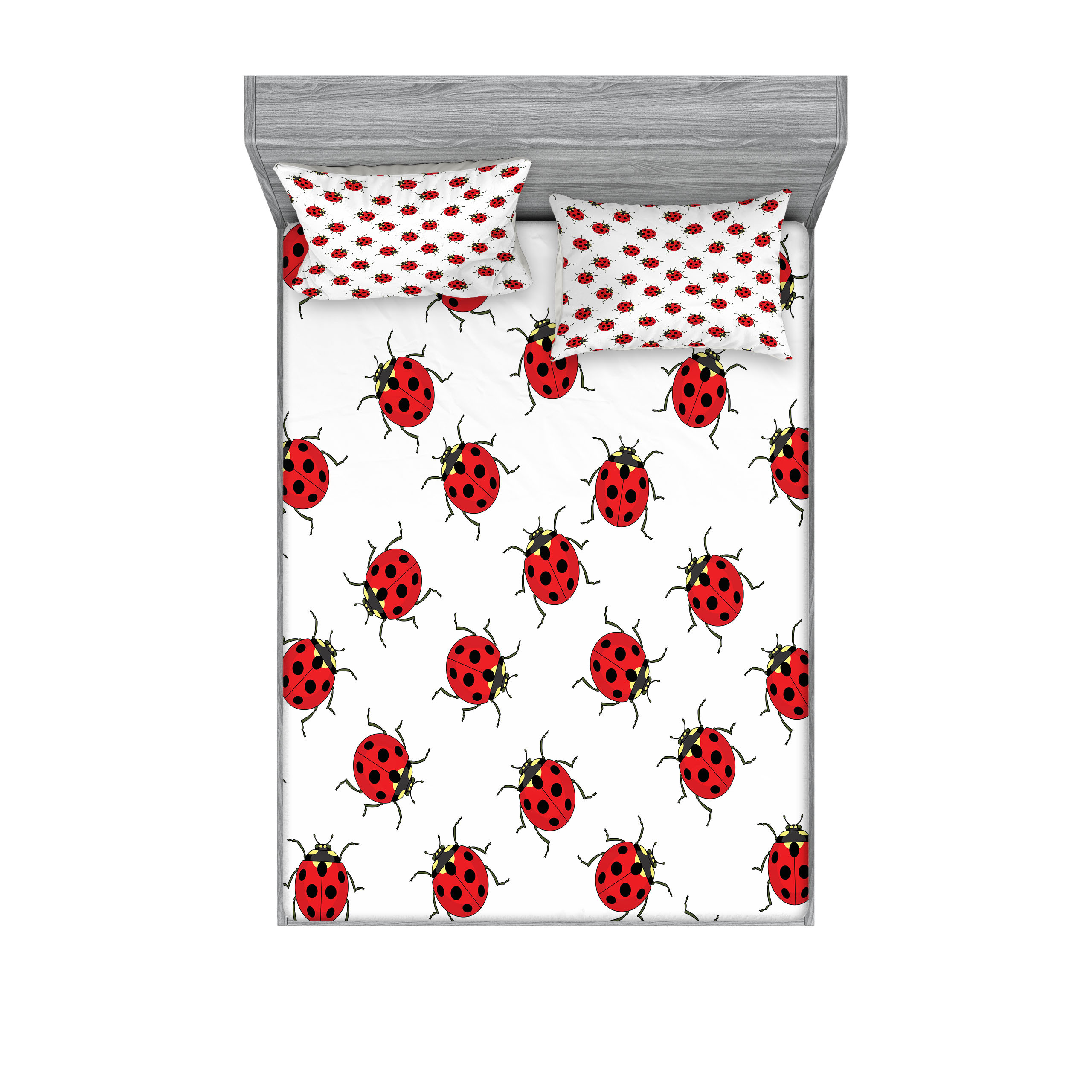 Ambesonne Cartoon Fitted Sheet & Pillow Sham Set, Ladybugs Funny Art ...