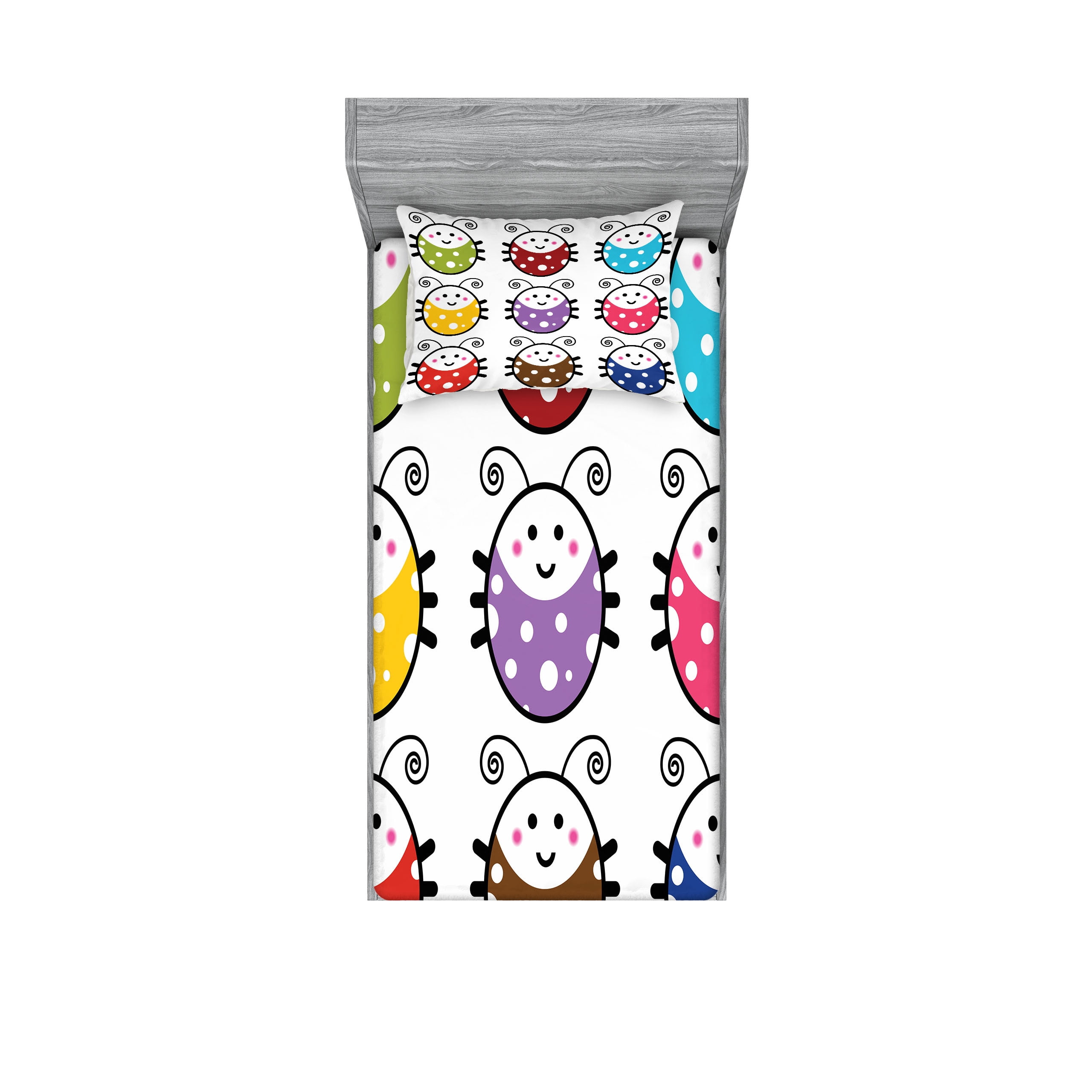 Ambesonne Cartoon Fitted Sheet & Pillow Sham Set, Smiling Ladybugs Set ...