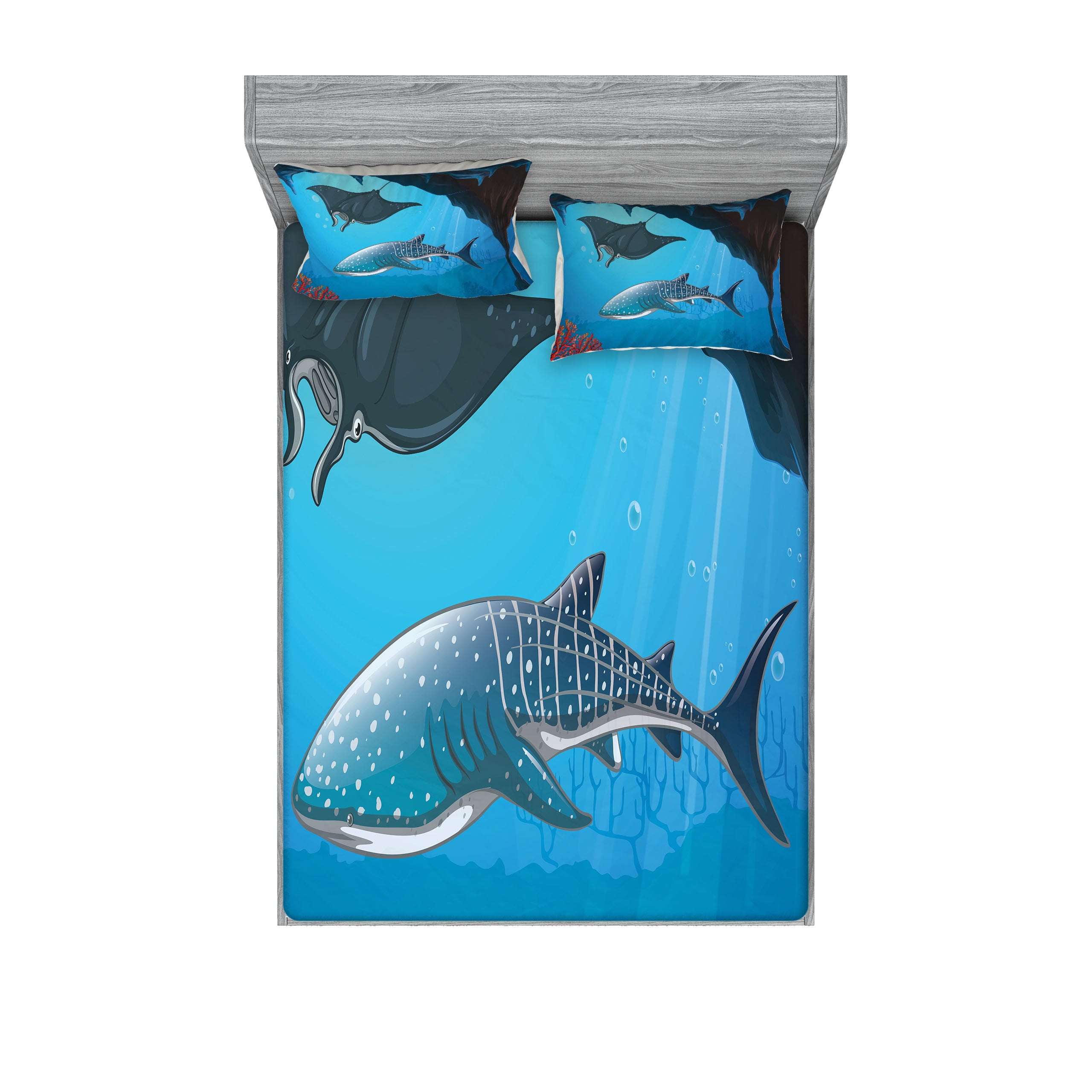 Ambesonne Cartoon Fitted Sheet & Pillow Sham Set, Swimming Shark Ocean ...