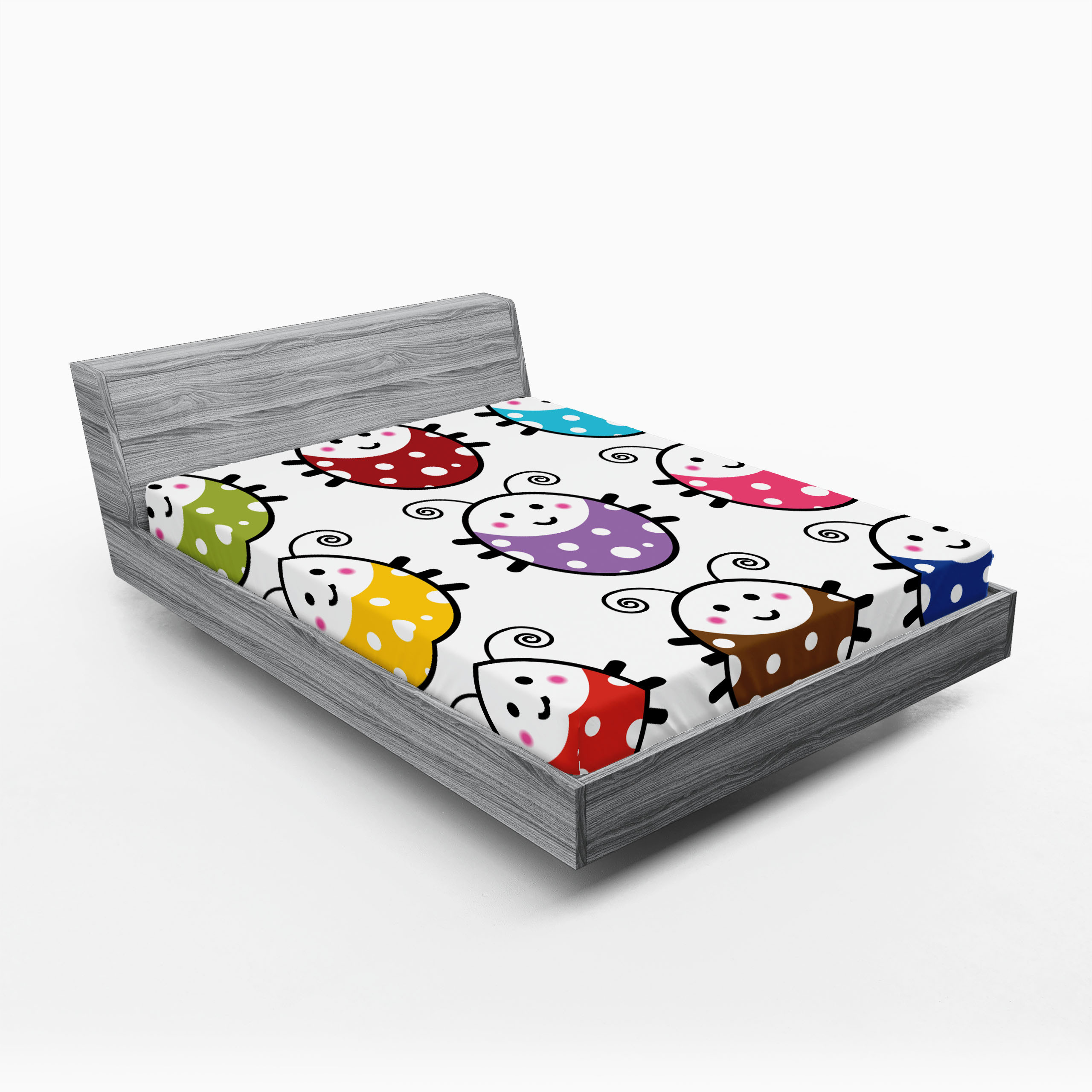 Ambesonne Cartoon Fitted Sheet, Smiling Ladybugs Set, Full Size ...
