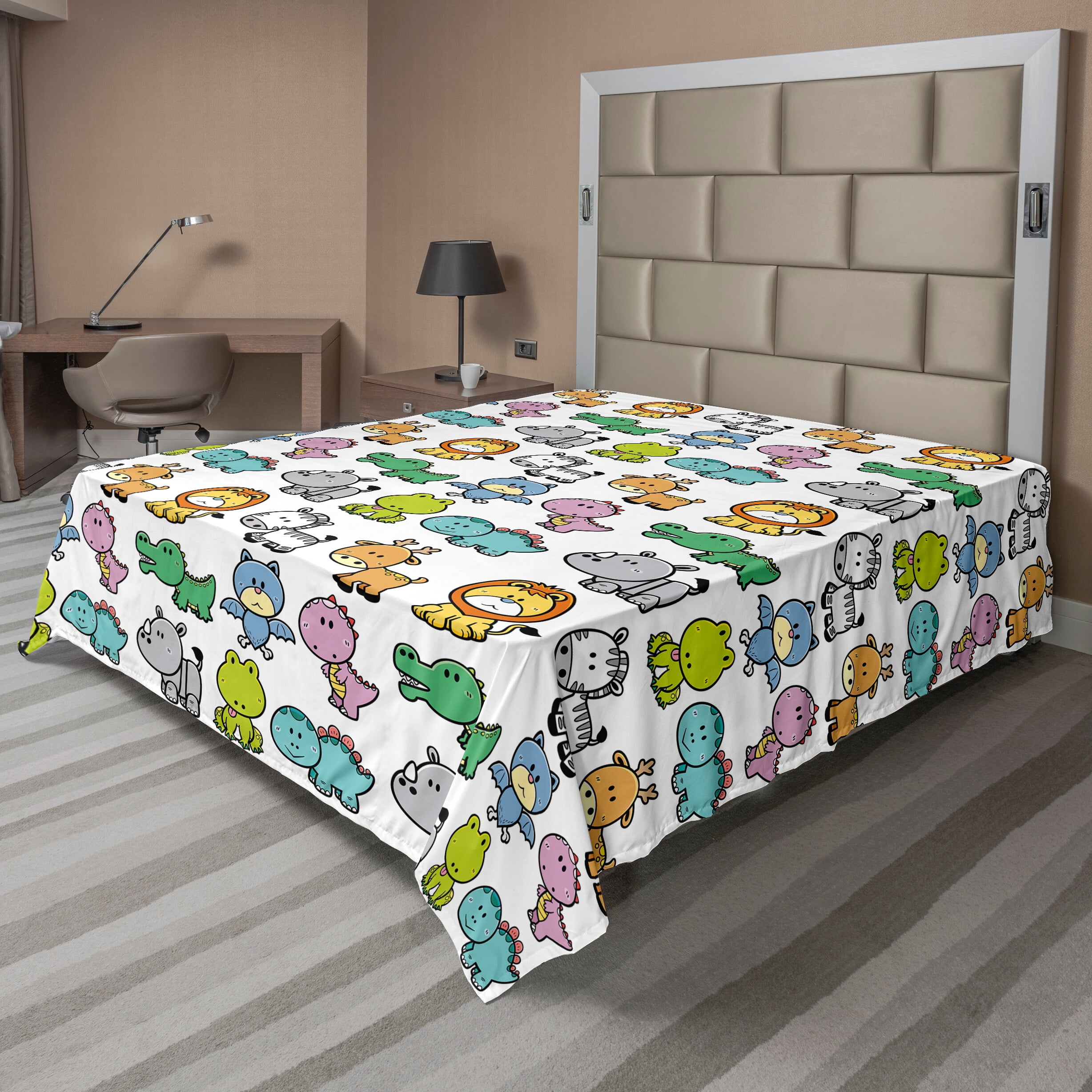 Ambesonne Cartoon Flat Sheet, Bat Frog Lion Zebra Dino, Full Size ...
