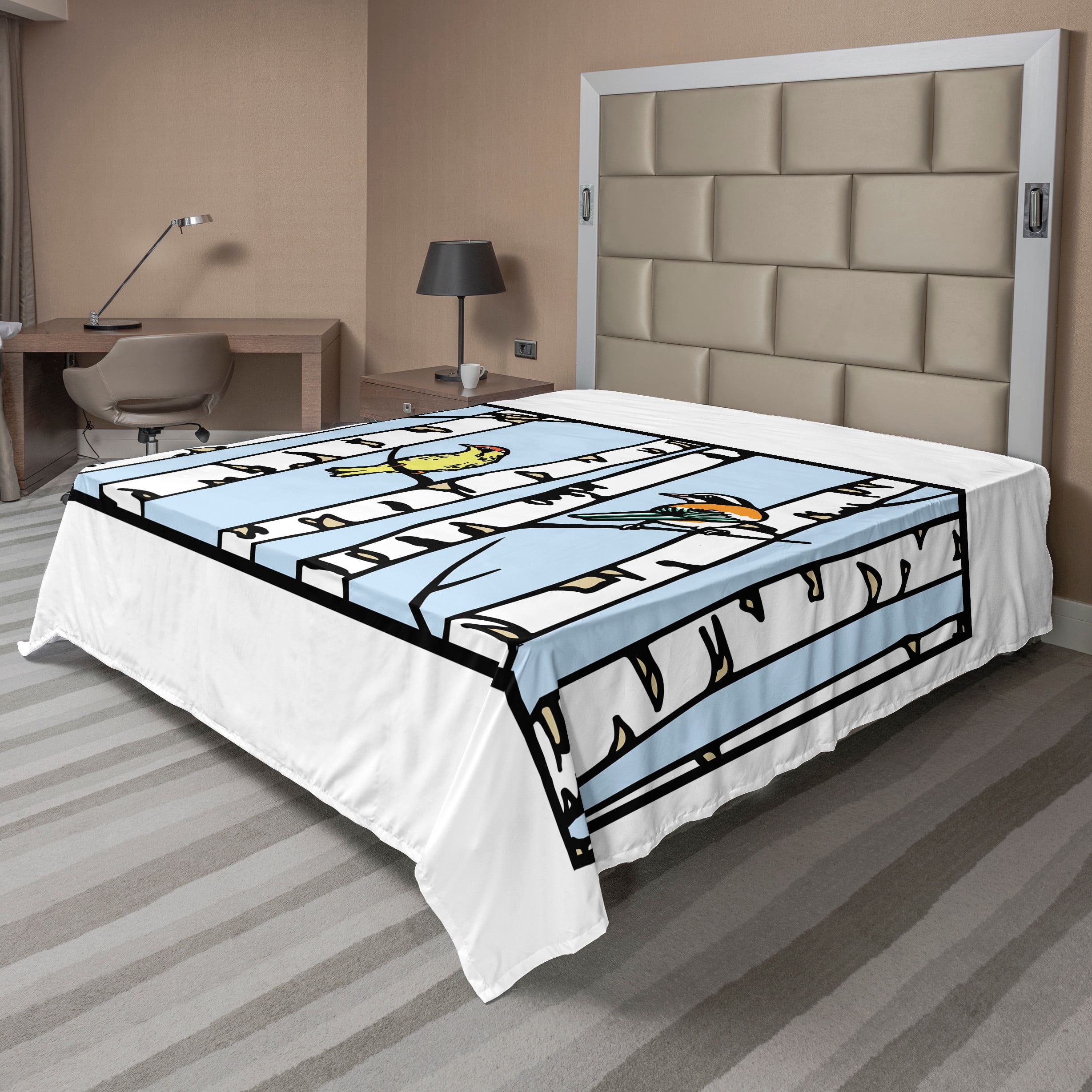 Ambesonne Cartoon Flat Sheet, Birch Tree Drawing Bark, King Size, Pale ...