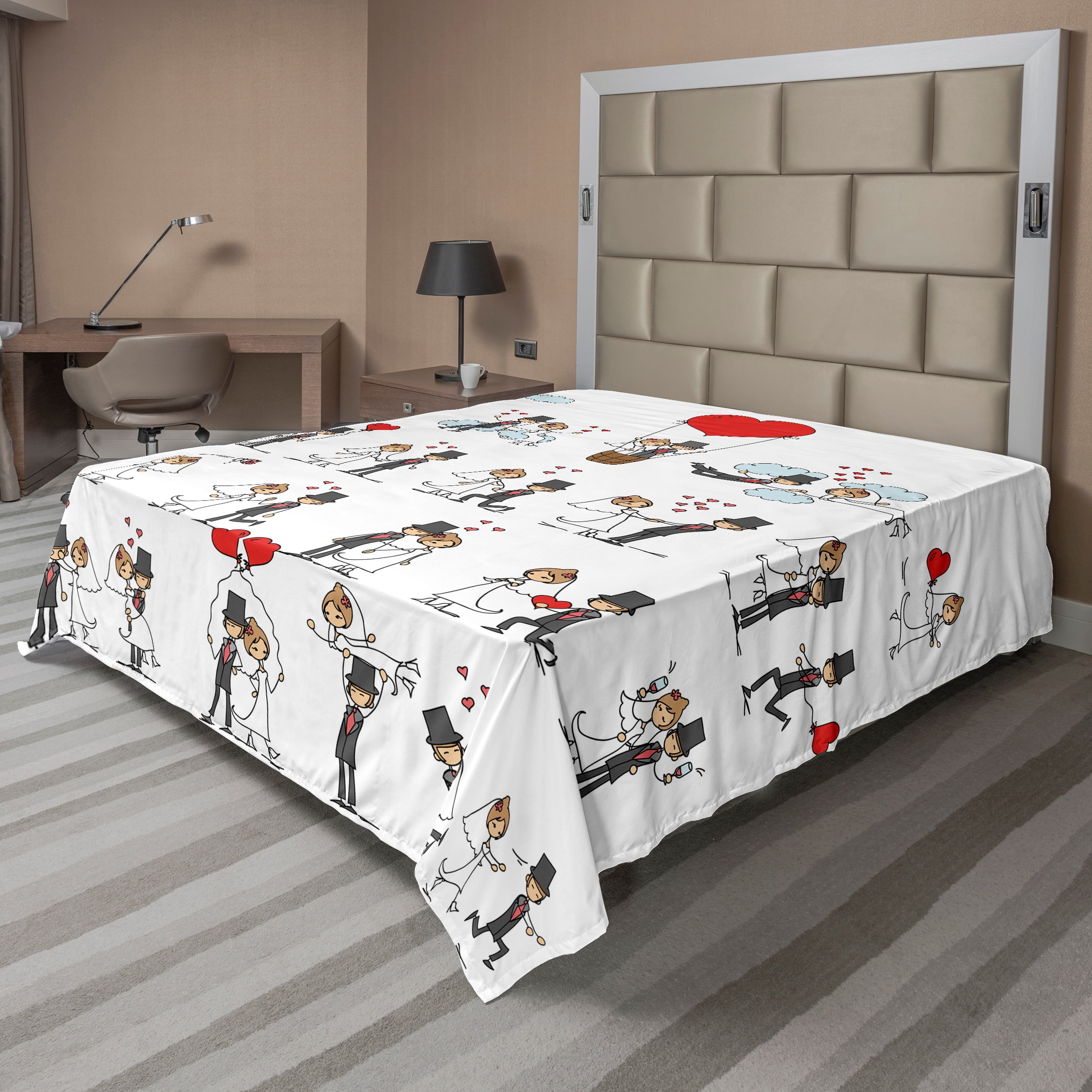 Ambesonne Cartoon Flat Sheet, Couple on Clouds, Queen Size, Red Mint ...