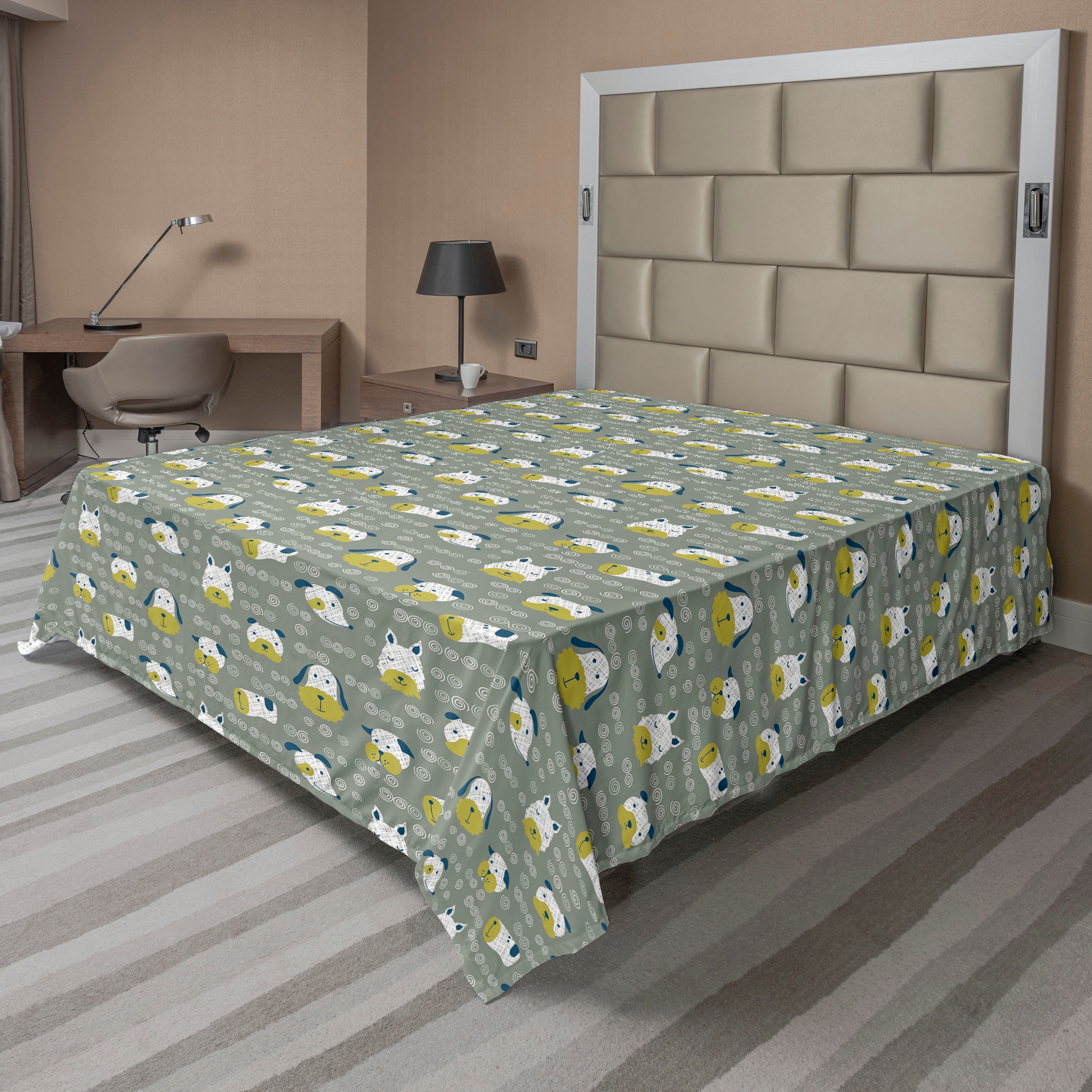 Ambesonne Cartoon Flat Sheet, Doodle House Pets, Queen Size, Sage Green ...