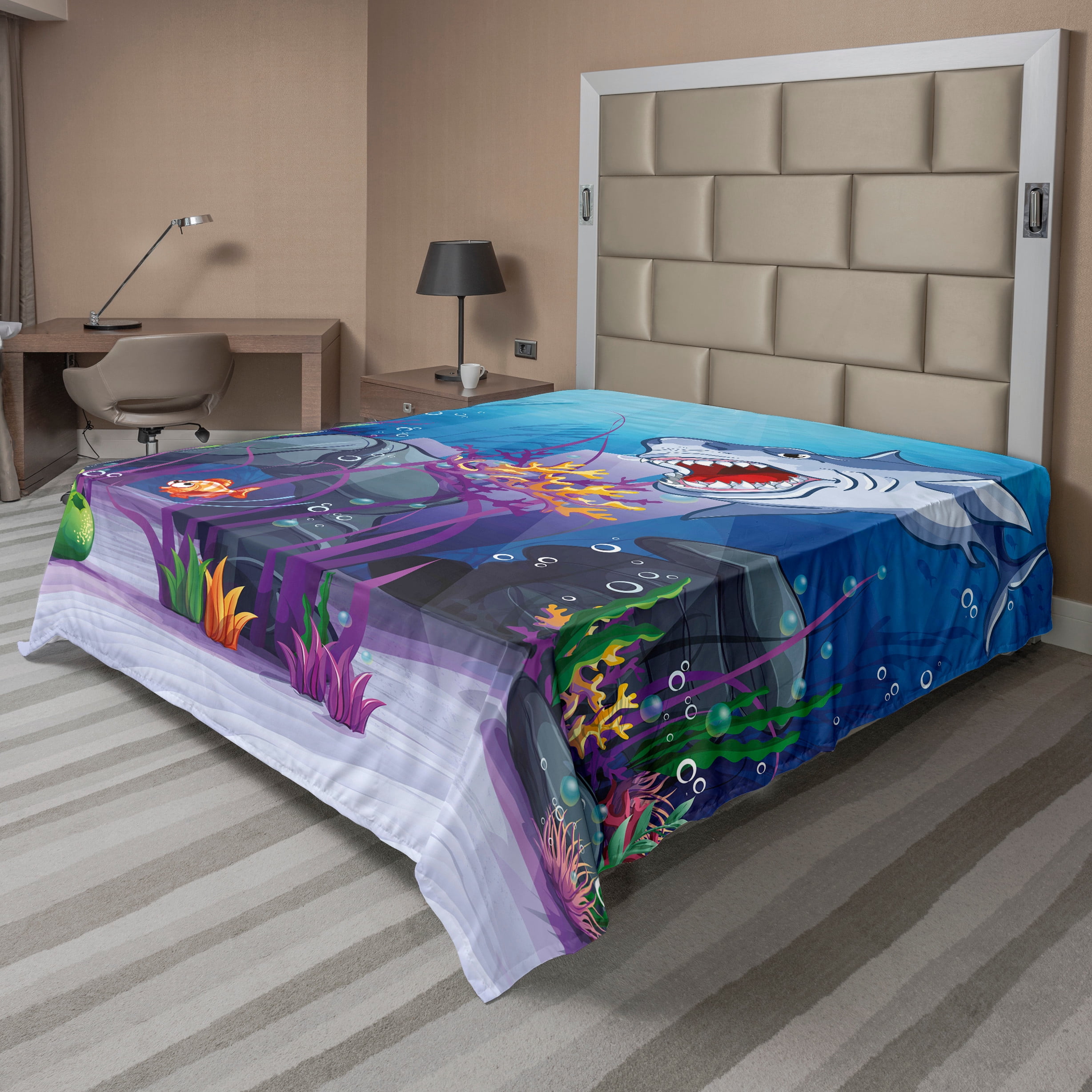 Ambesonne Cartoon Flat Sheet, Evil Shark Little Fish, Full Size ...