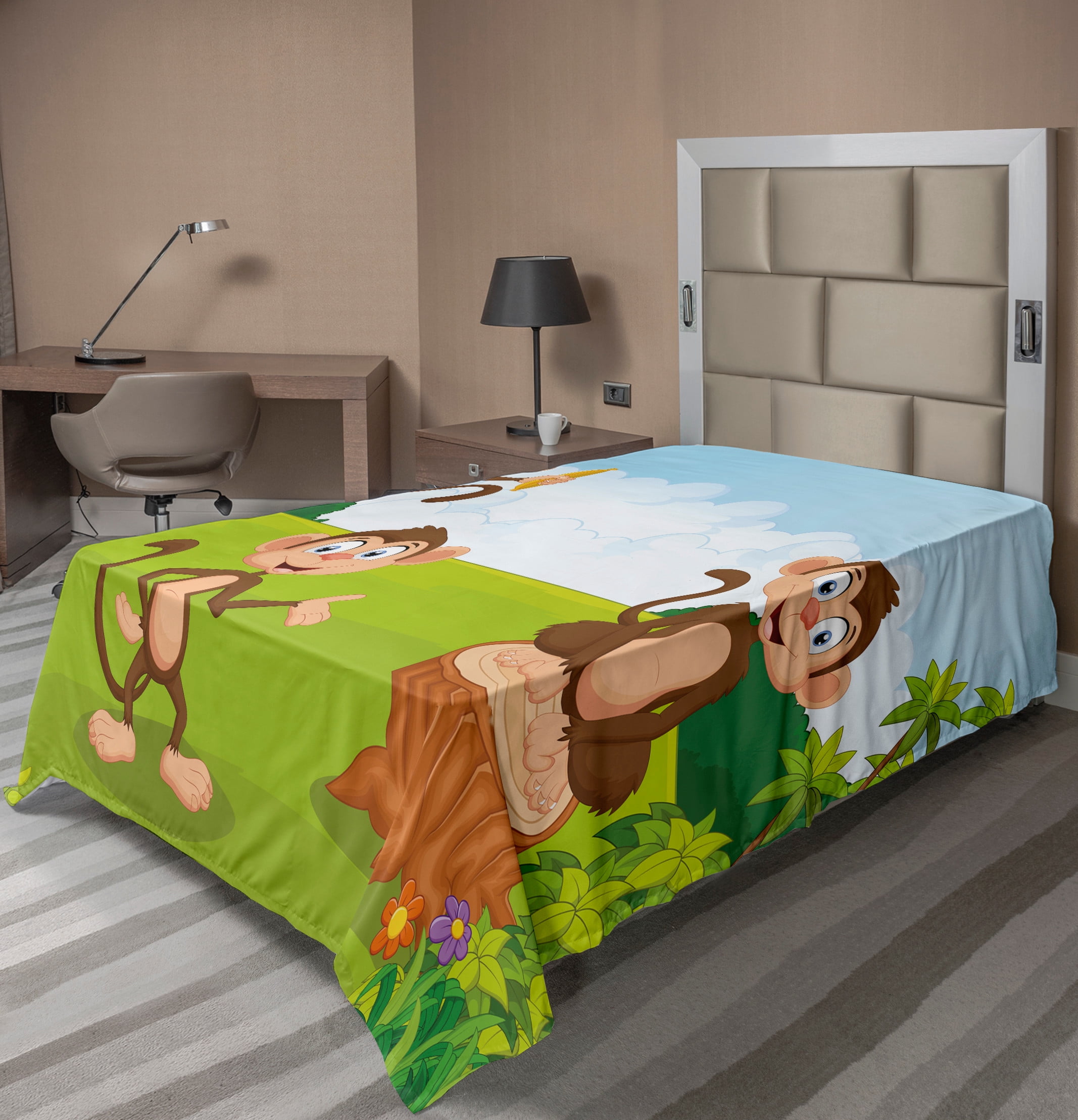 Ambesonne Cartoon Flat Sheet, Print 3 Monkeys Savannah, Twin Size, Pale ...