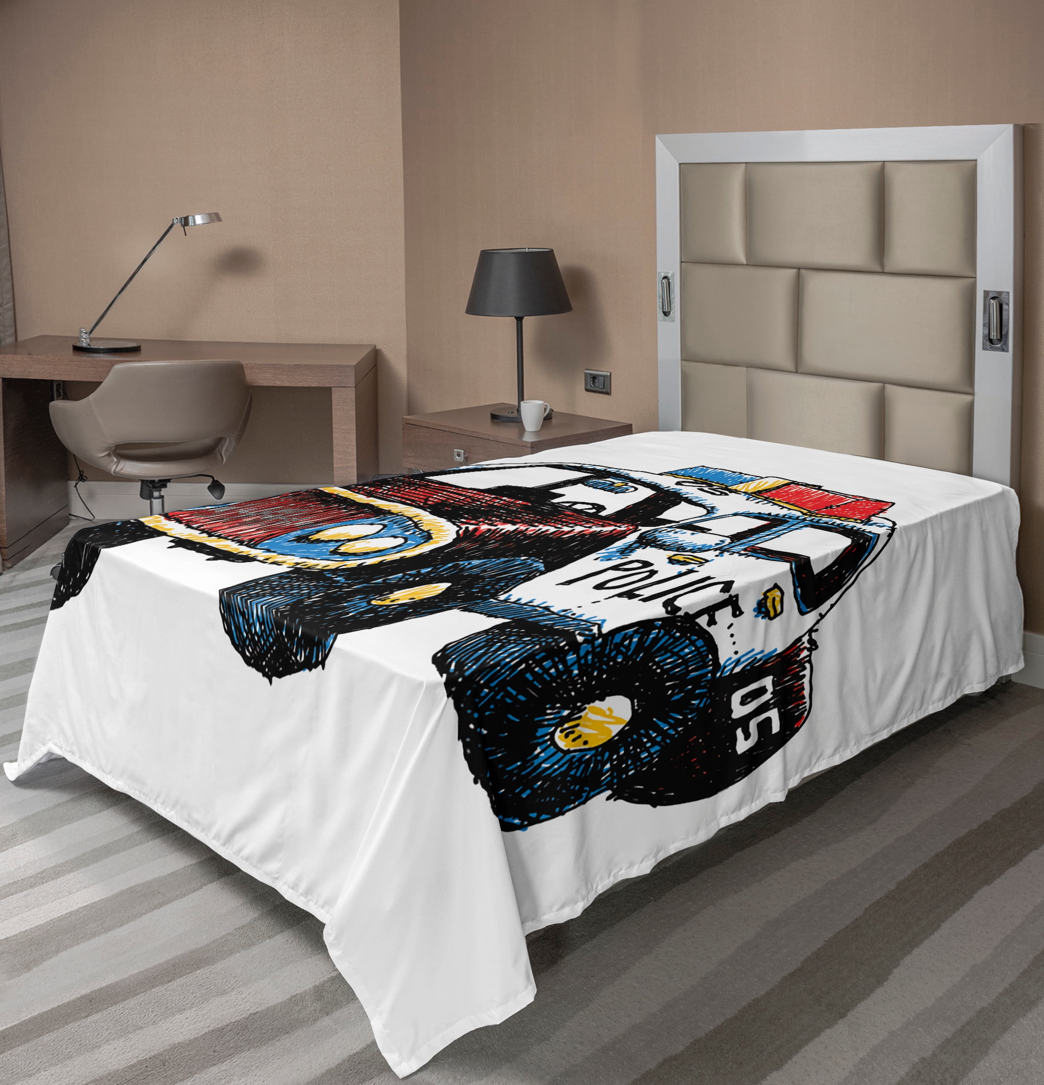 Ambesonne Cartoon Flat Sheet, Sketchy Police Car, Twin Size, Red Yellow ...
