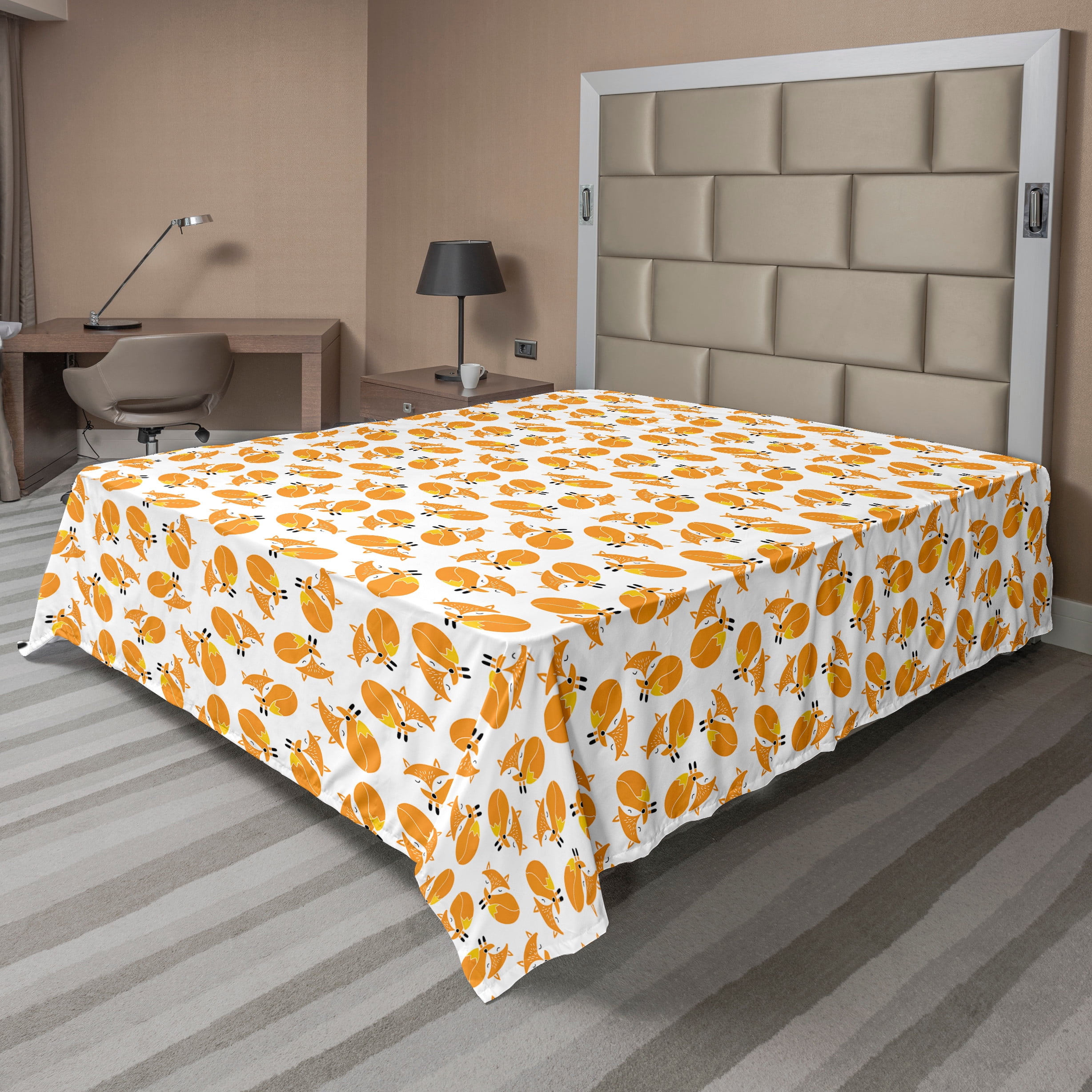 Ambesonne Cartoon Flat Sheet, Sleeping Fox Cub, Queen Size, Marigold ...