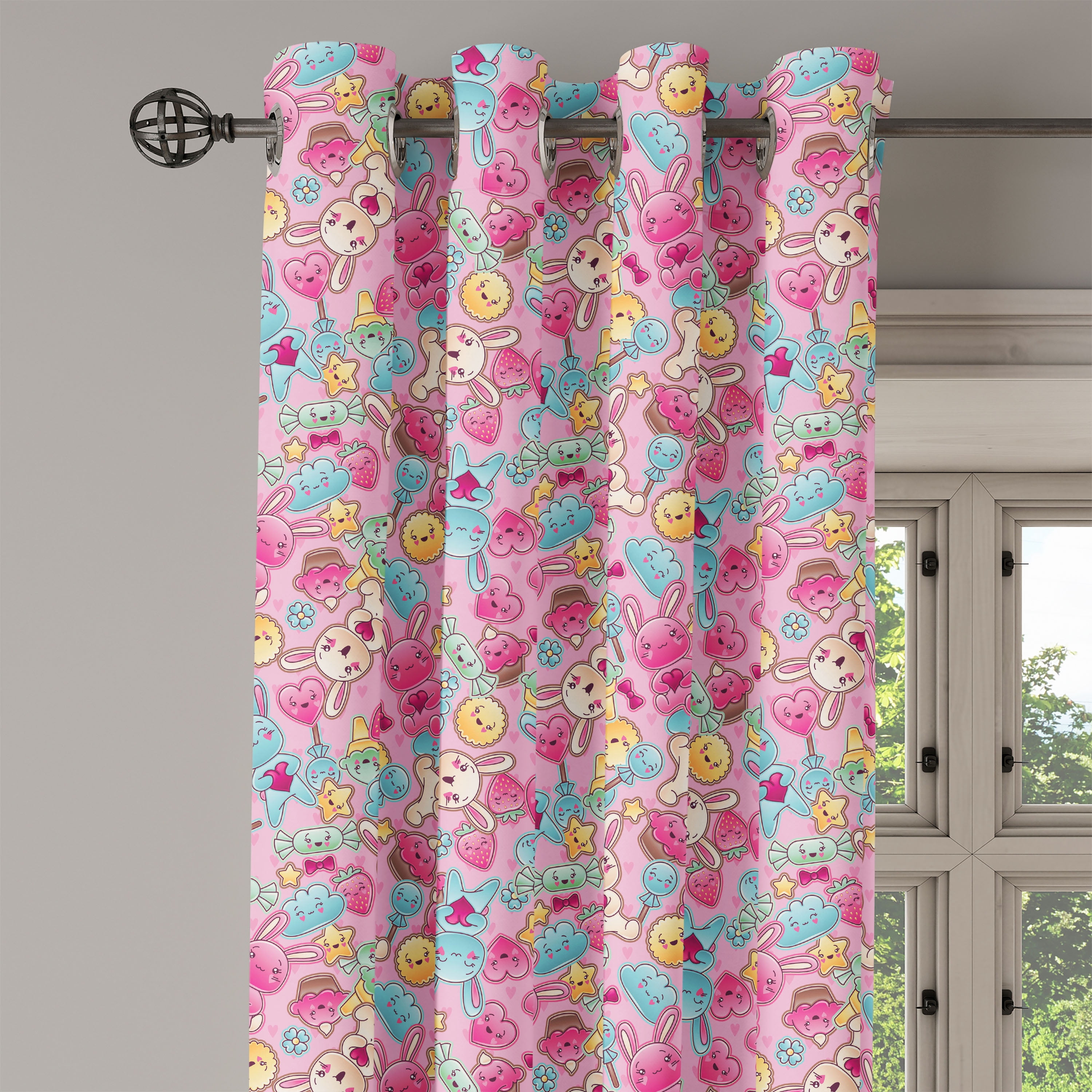 Ambesonne Cartoon Grommet Curtain Single Panel, Kawaii Bunnies and ...