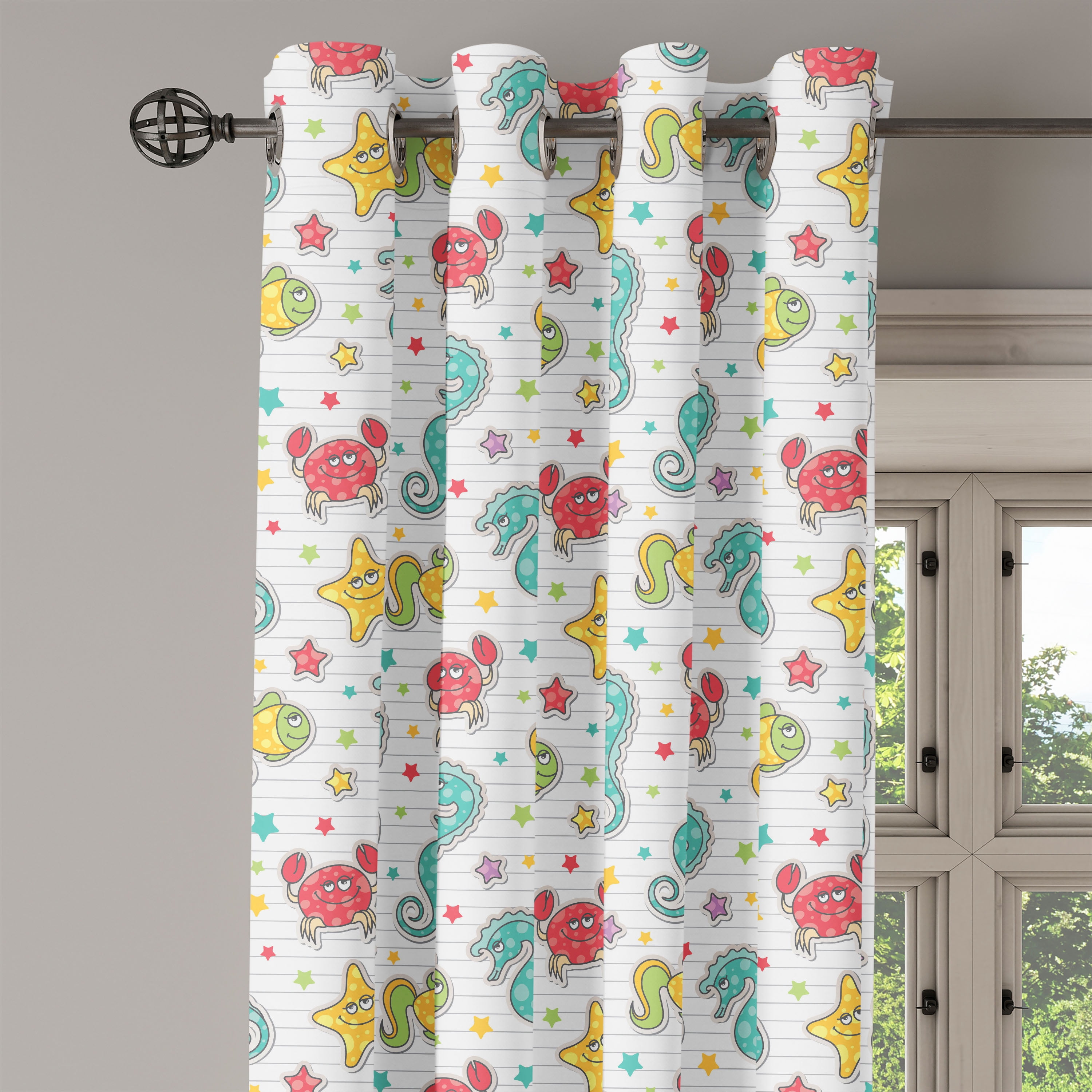 Ambesonne Cartoon Grommet Curtain Single Panel, Seahorse Crabs Fish, 50 ...