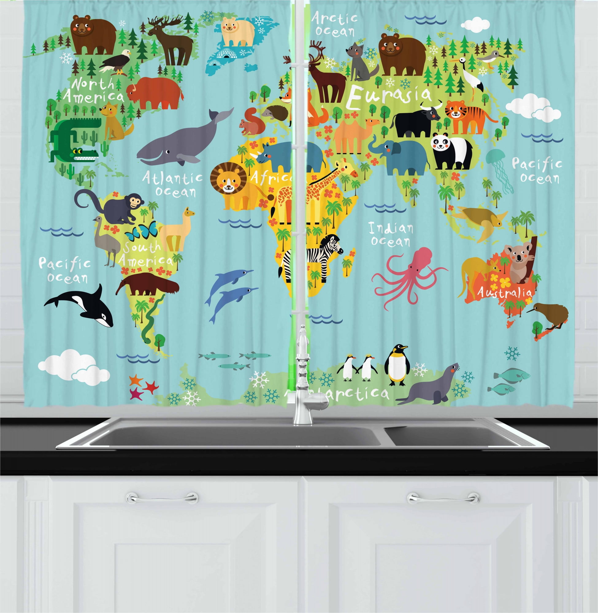 Ambesonne Cartoon Kitchen Curtains, Animal Map of the World, 55"x45 ...