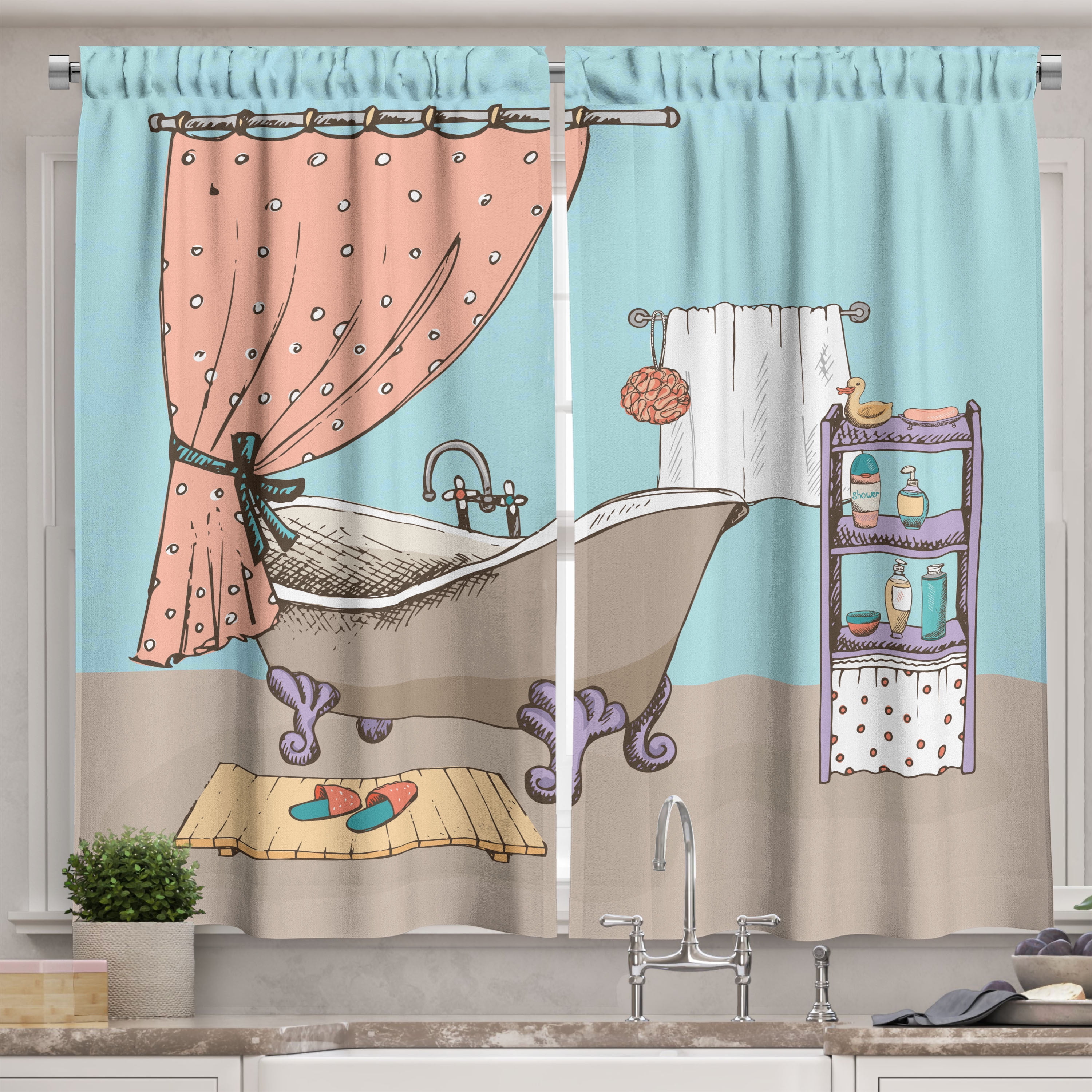 Ambesonne Cartoon Kitchen Curtains, Bathroom Tub Illustration, 55"x39 ...