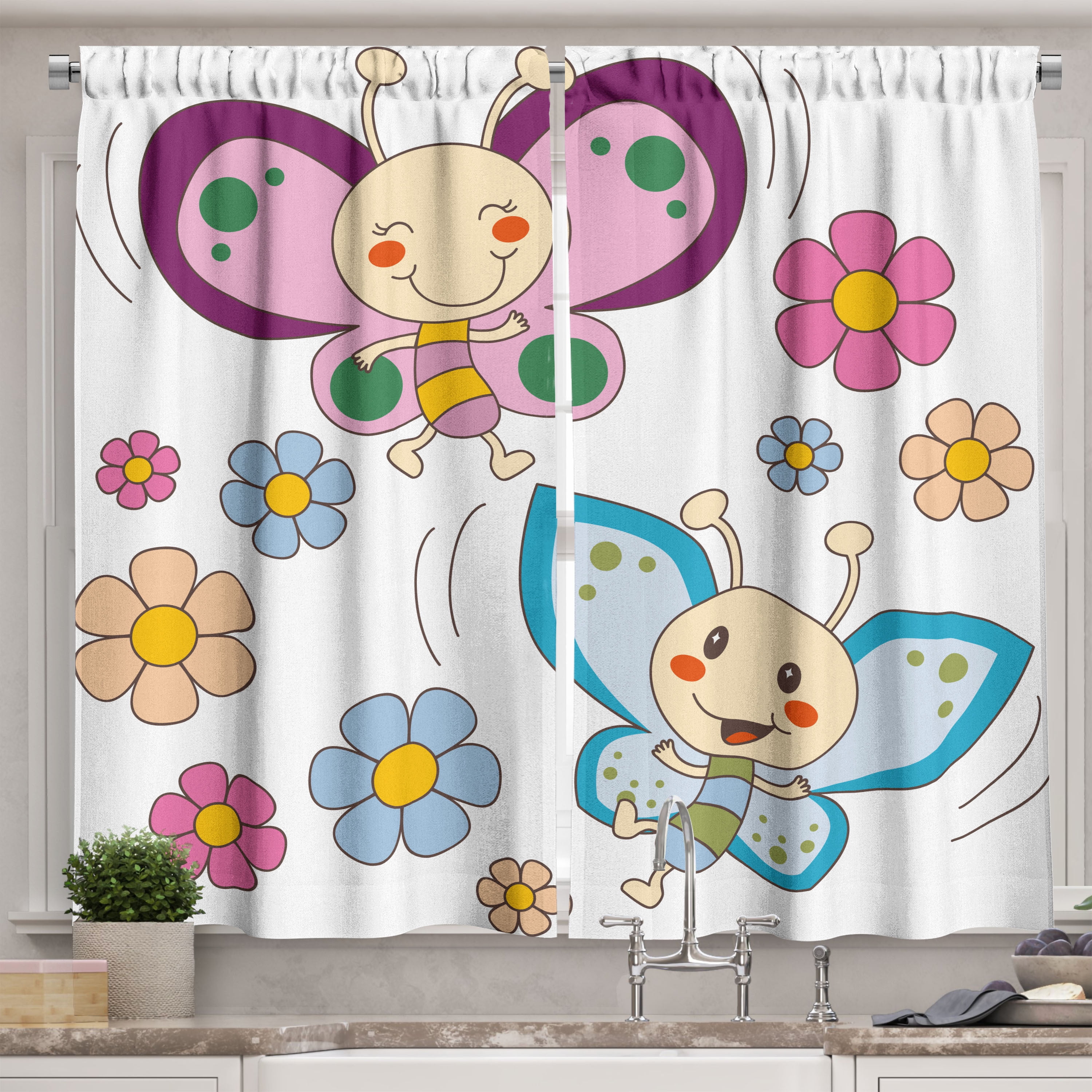 Ambesonne Cartoon Kitchen Curtains, Butterfly Couple, 55"x39 ...