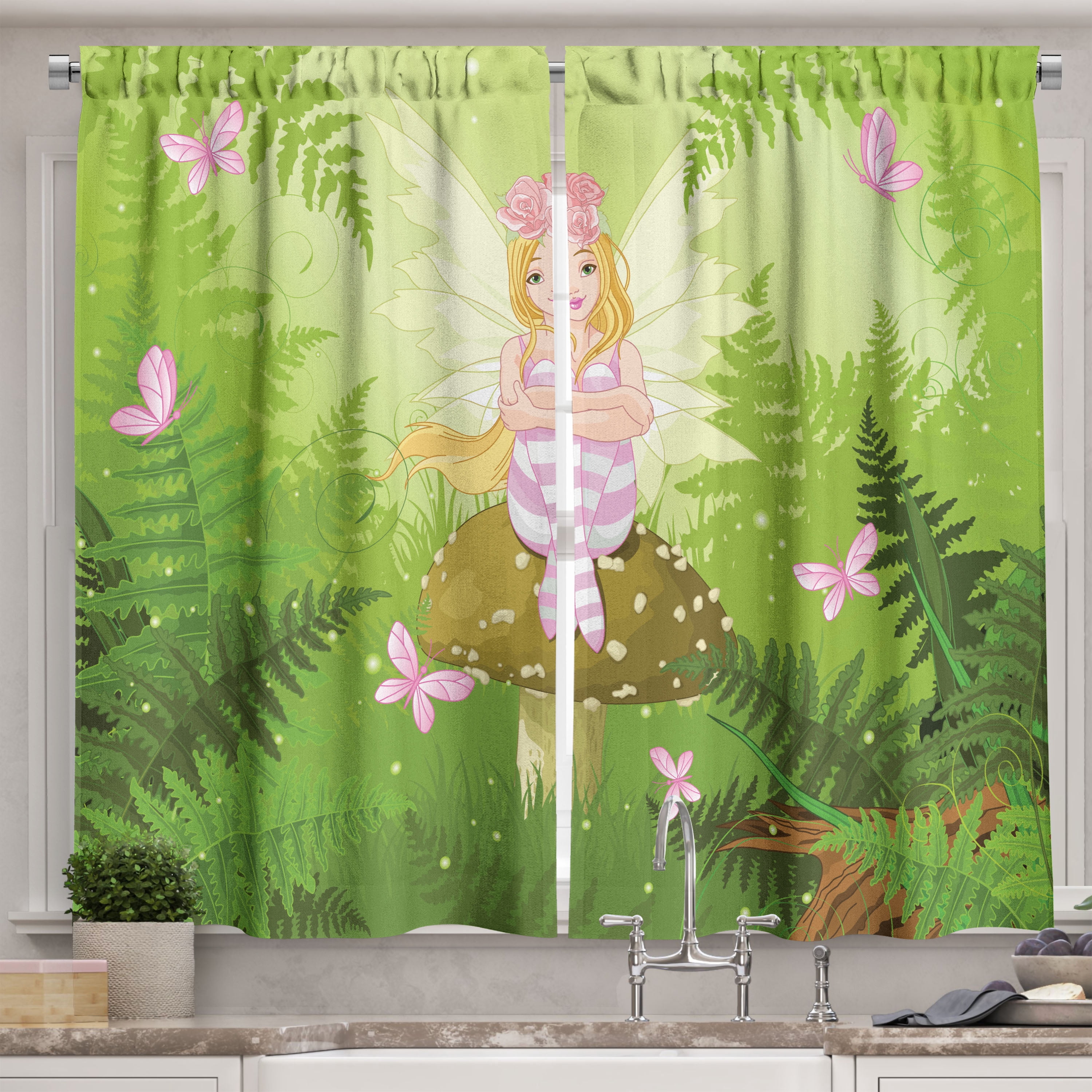 Ambesonne Cartoon Kitchen Curtains, Girl Floral Hair, 55"x39", Green ...