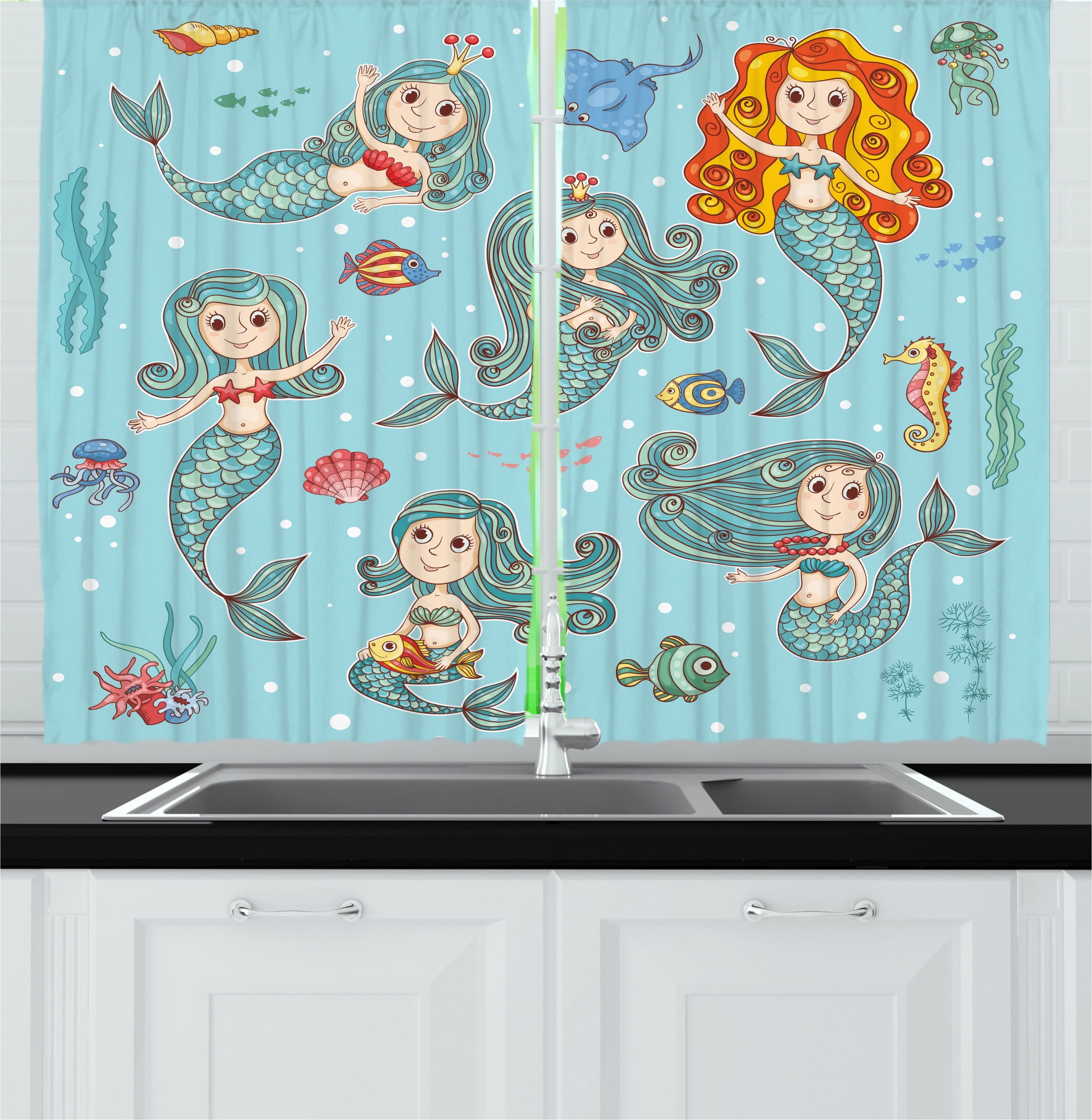 Ambesonne Cartoon Kitchen Curtains, Marine Creatures Art, 55"x45", Teal ...