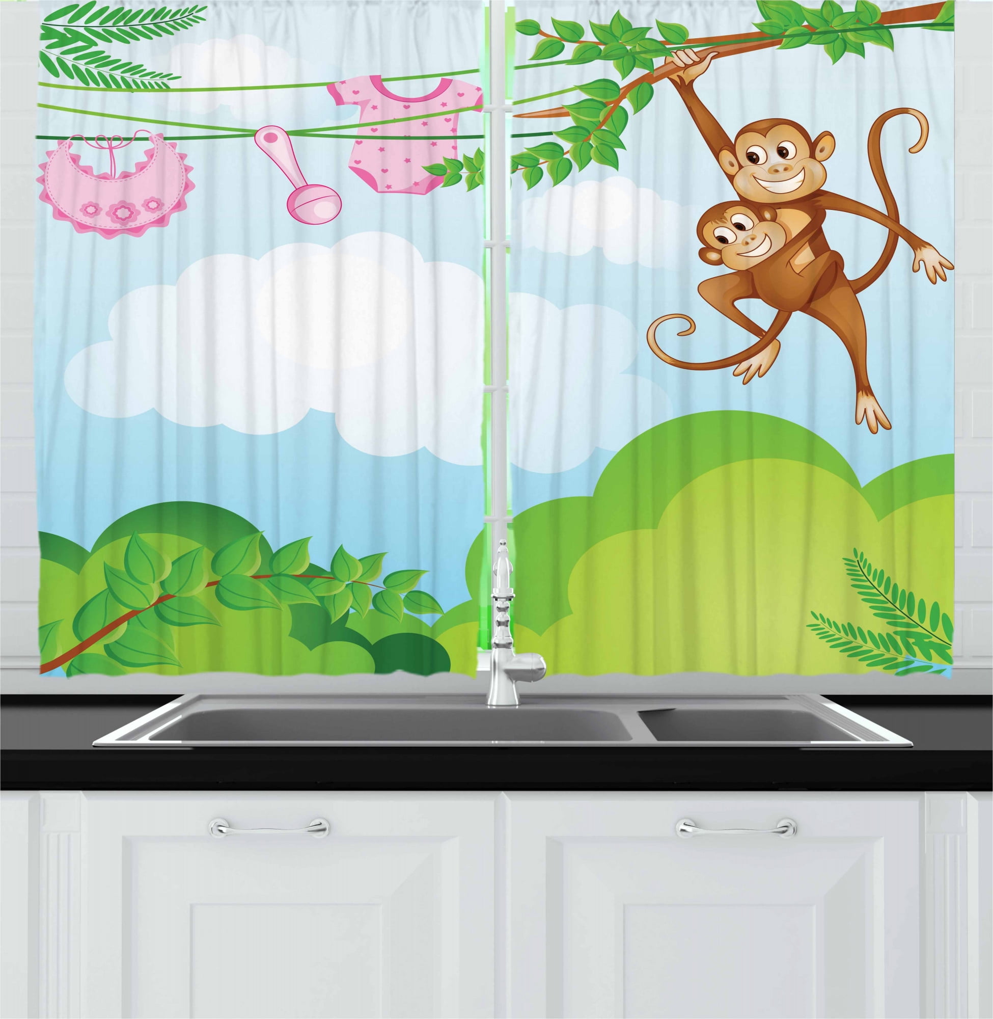 Ambesonne Cartoon Kitchen Curtains, Monkey Swinging, 55"x45", Green ...