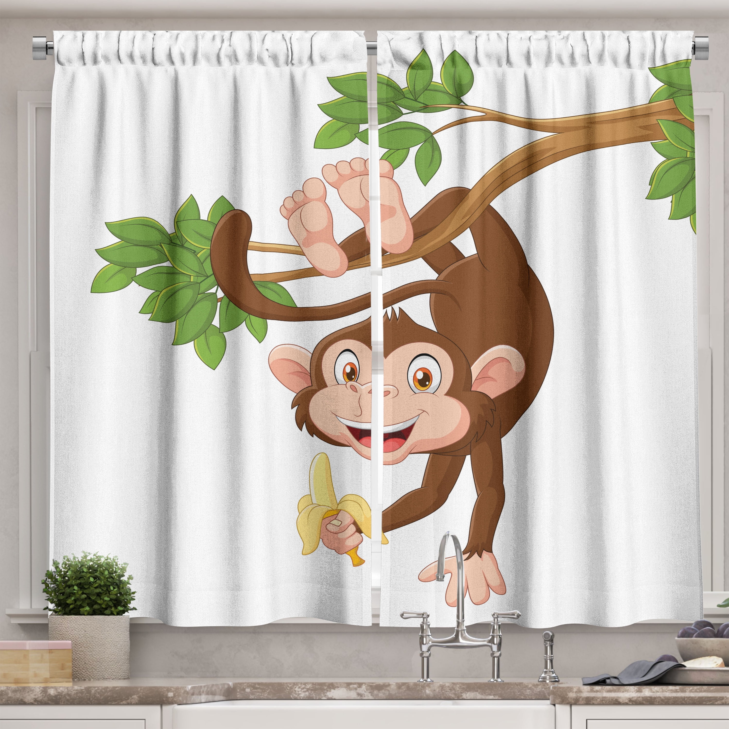Ambesonne Cartoon Kitchen Curtains, Monkey with Banana Tree, 55"x45", Chocolate White - Walmart.com