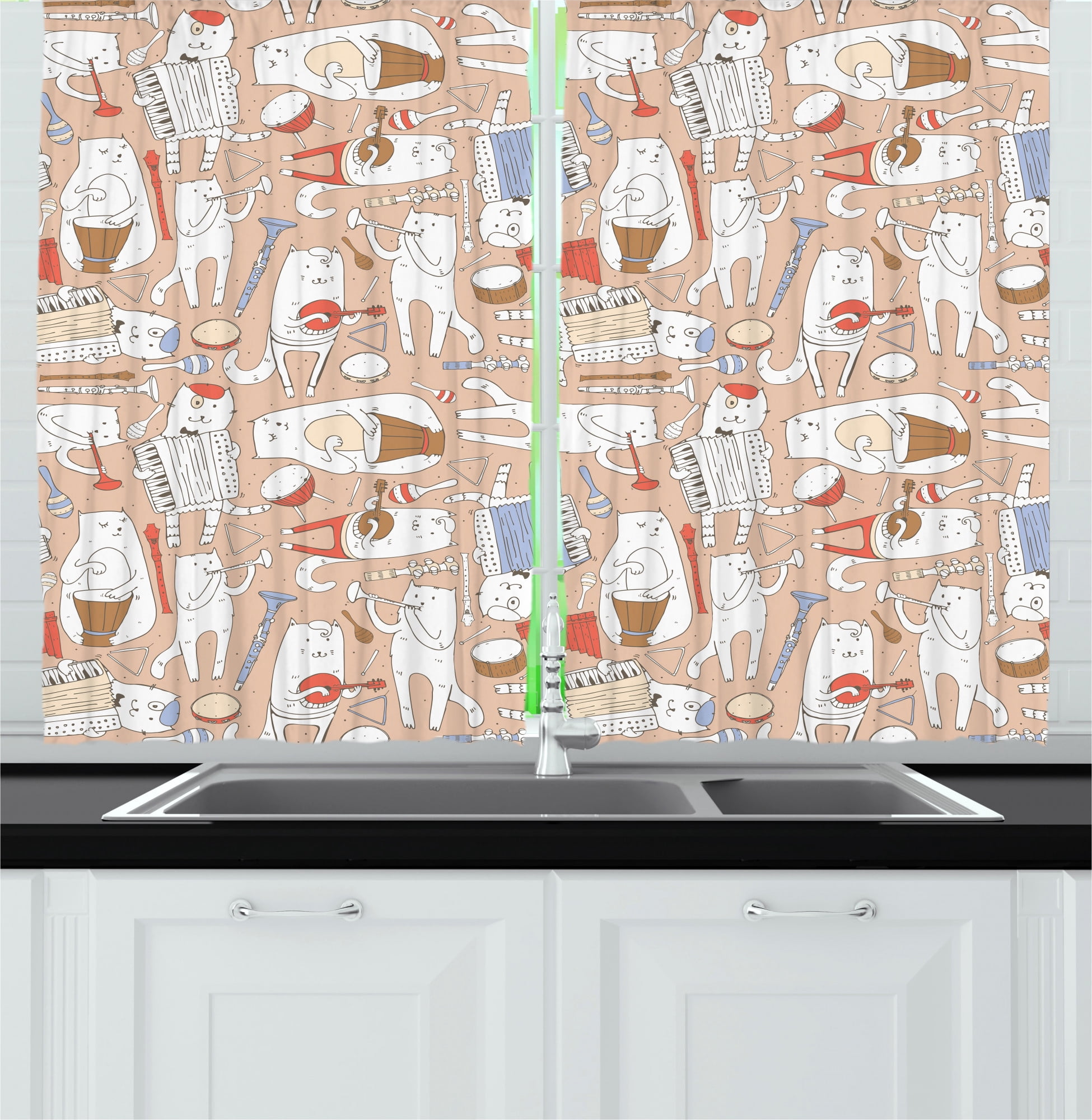 Ambesonne Cartoon Kitchen Curtains, Musician Cats, 55"x45", Warm Taupe ...