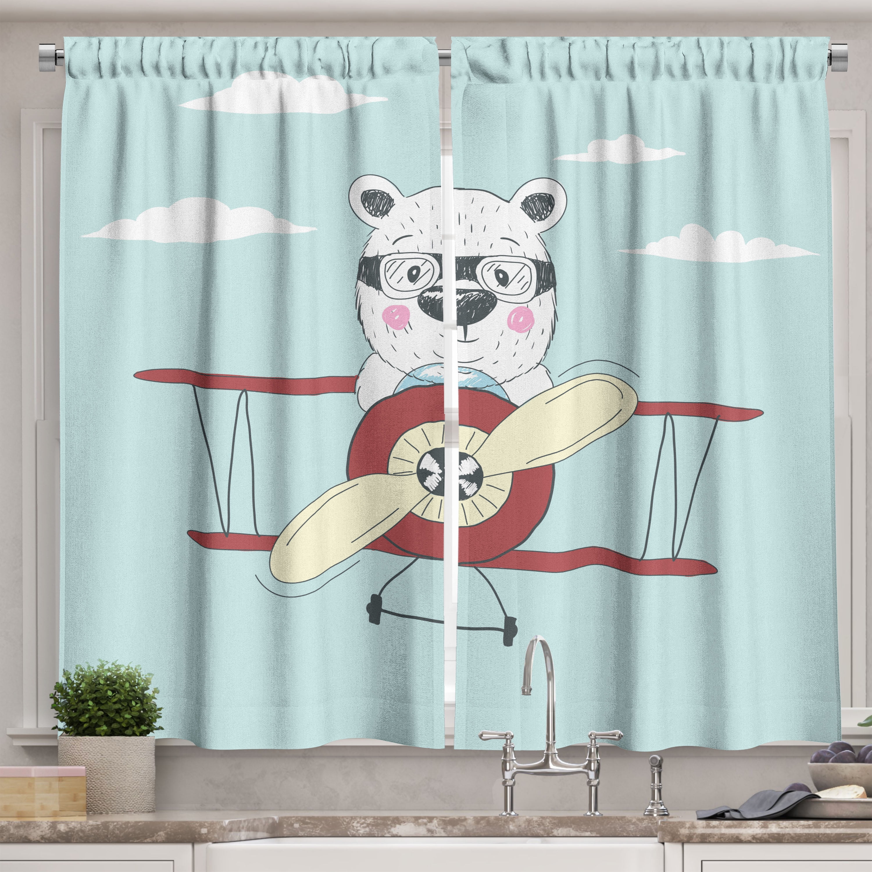 Ambesonne Cartoon Kitchen Curtains, Pilot Bear in Plane, 55"x45", Pale ...