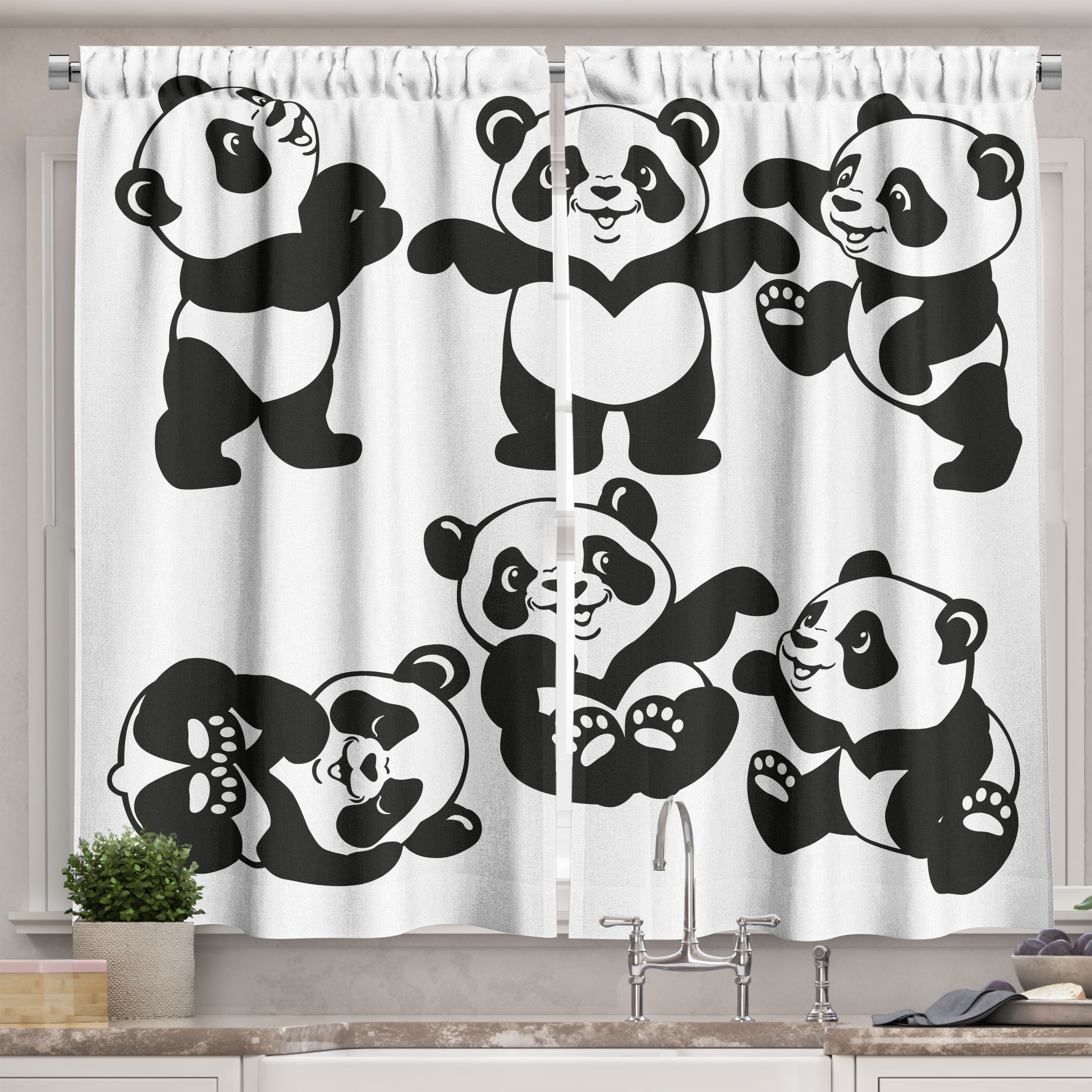 Ambesonne Cartoon Kitchen Curtains, Playful Panda Bear Zoo, 55"x39 ...