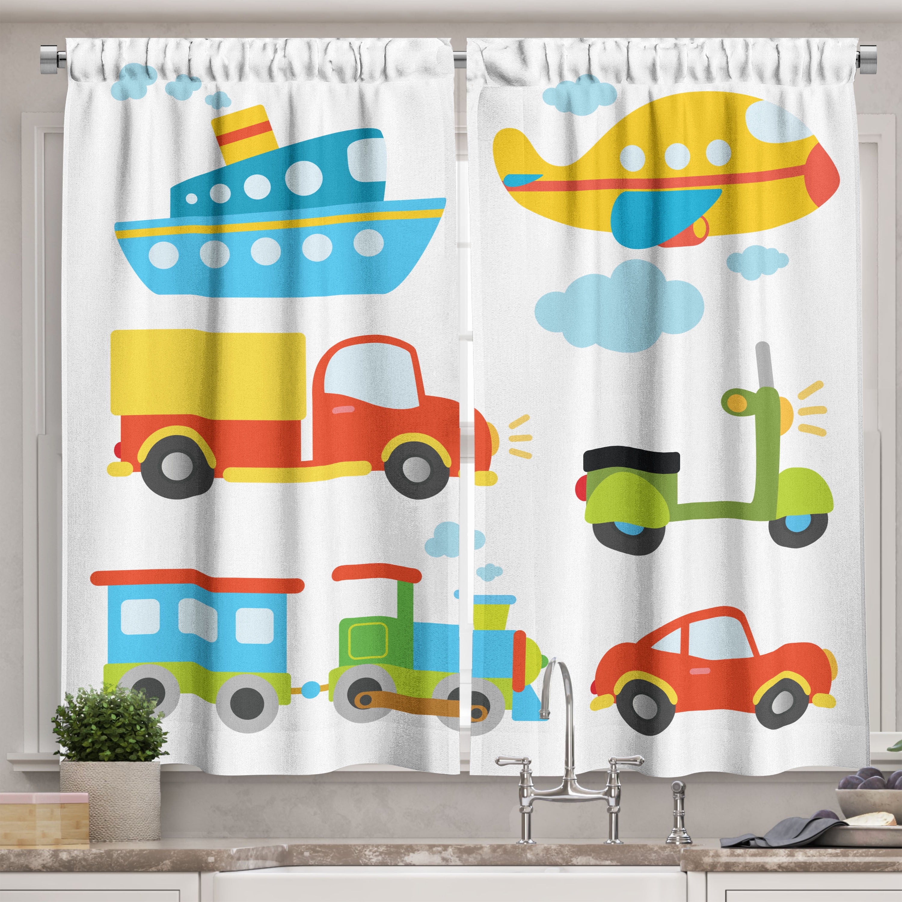 Ambesonne Cartoon Kitchen Curtains, Transportation Theme, 55"x39 ...