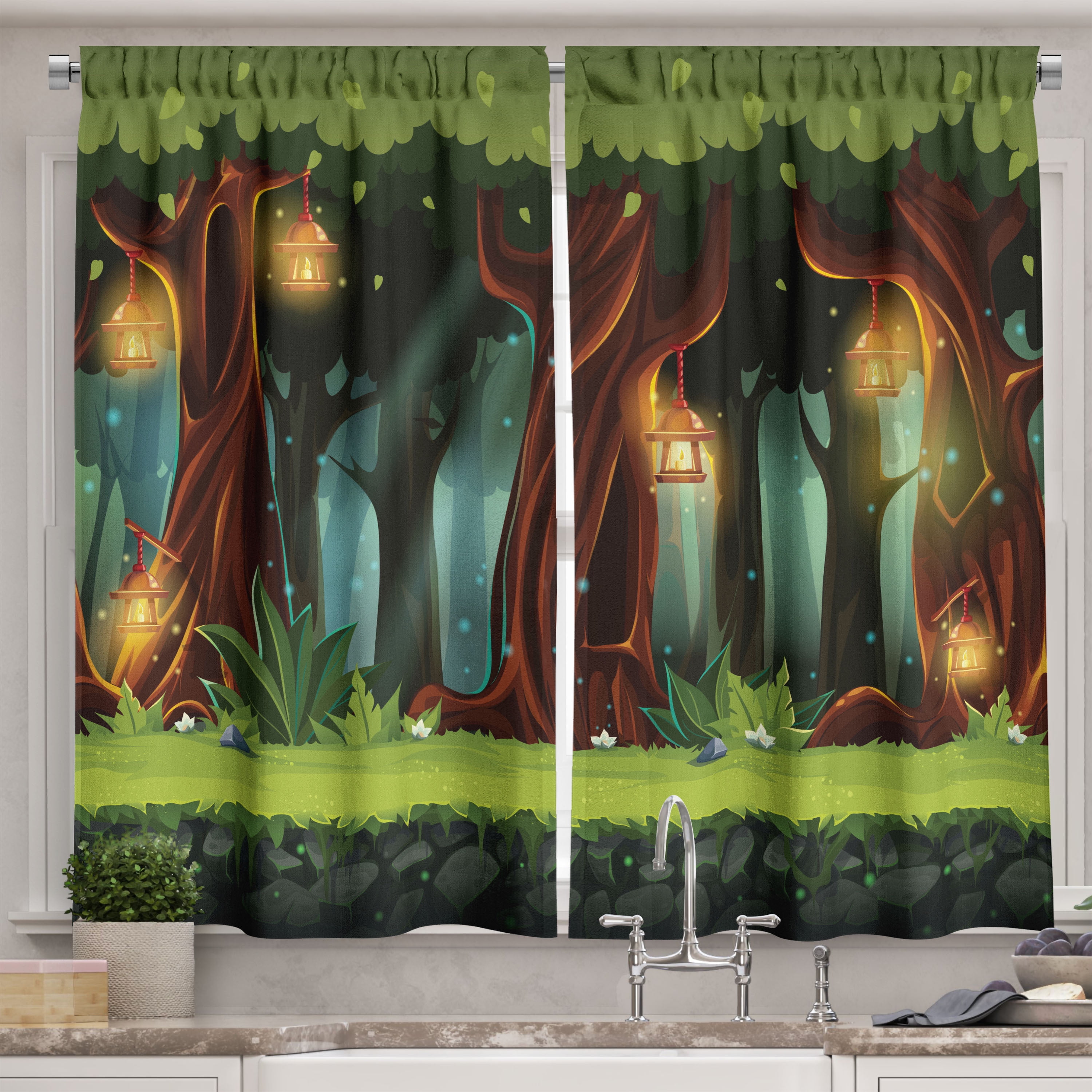 Ambesonne Cartoon Kitchen Curtains, Woodland, 55"x39", Multicolor ...
