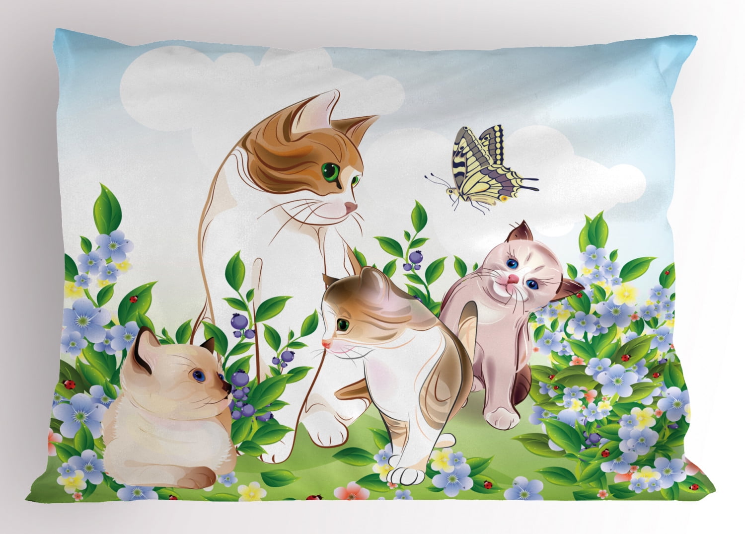 Ambesonne Cartoon Pillow Sham, Happy Kittens, 26" X 20", Multicolor ...