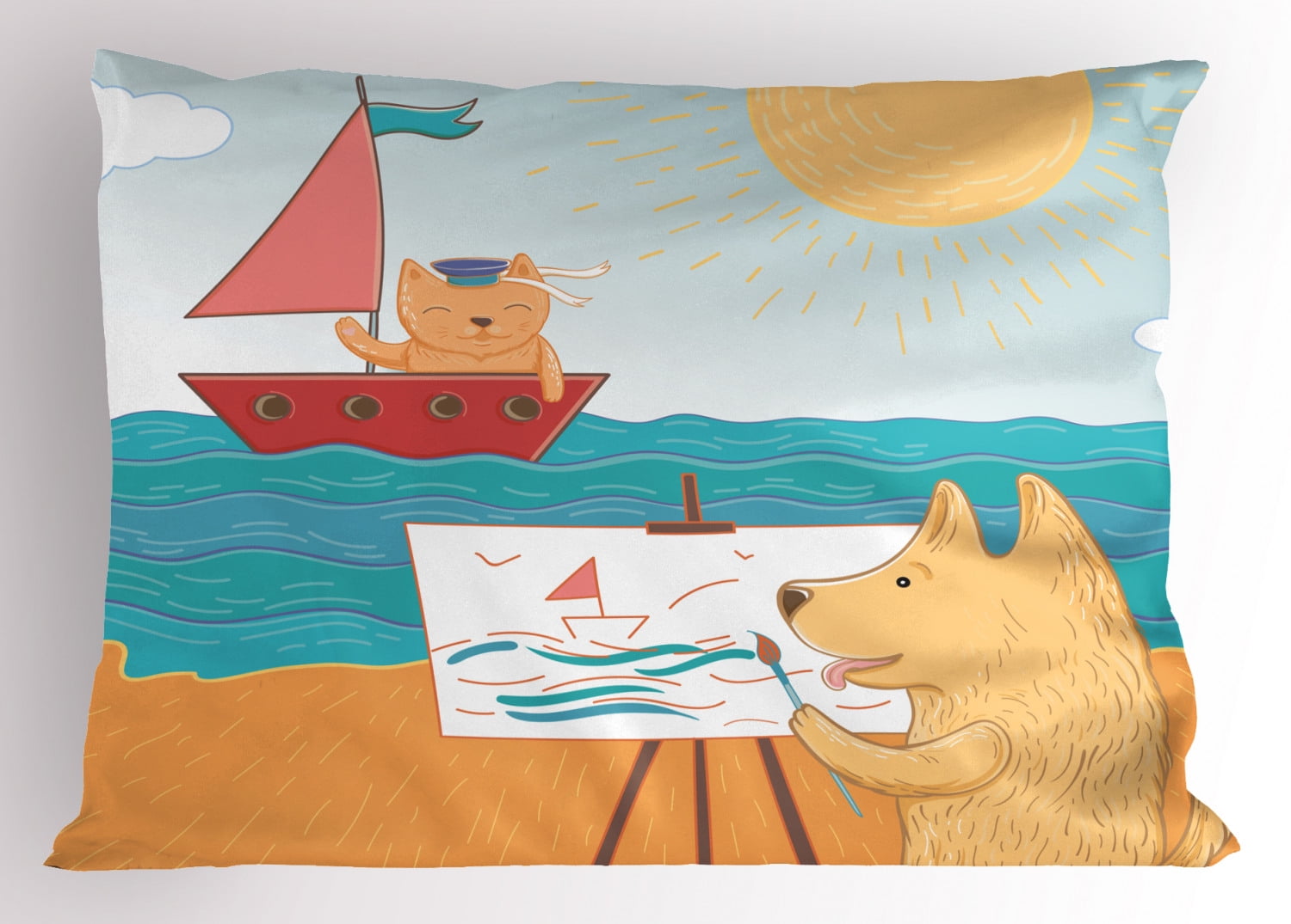 Ambesonne Cartoon Pillow Sham, Summer Vacation Cat Dog, 26" X 20 ...