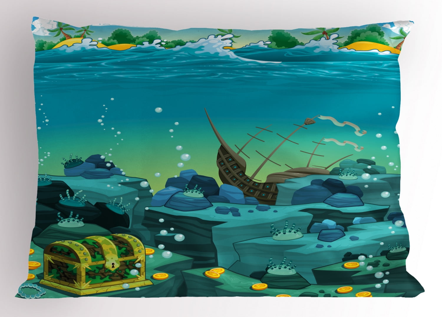 Ambesonne Cartoon Pillow Sham, Sunk Ship Pirate, 26" X 20", Teal and ...