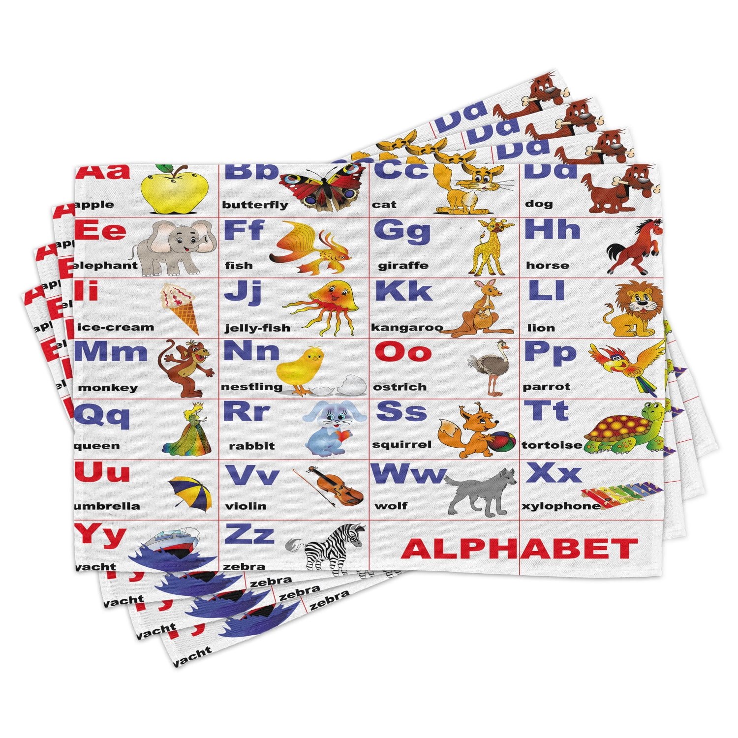 Ambesonne Cartoon Place Mats Set of 4, Animal Theme Letter Design ...