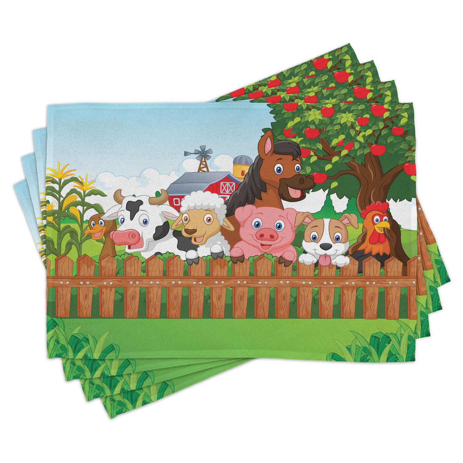 Ambesonne Cartoon Place Mats Set of 4, Farm Animals Mascots, Standard ...