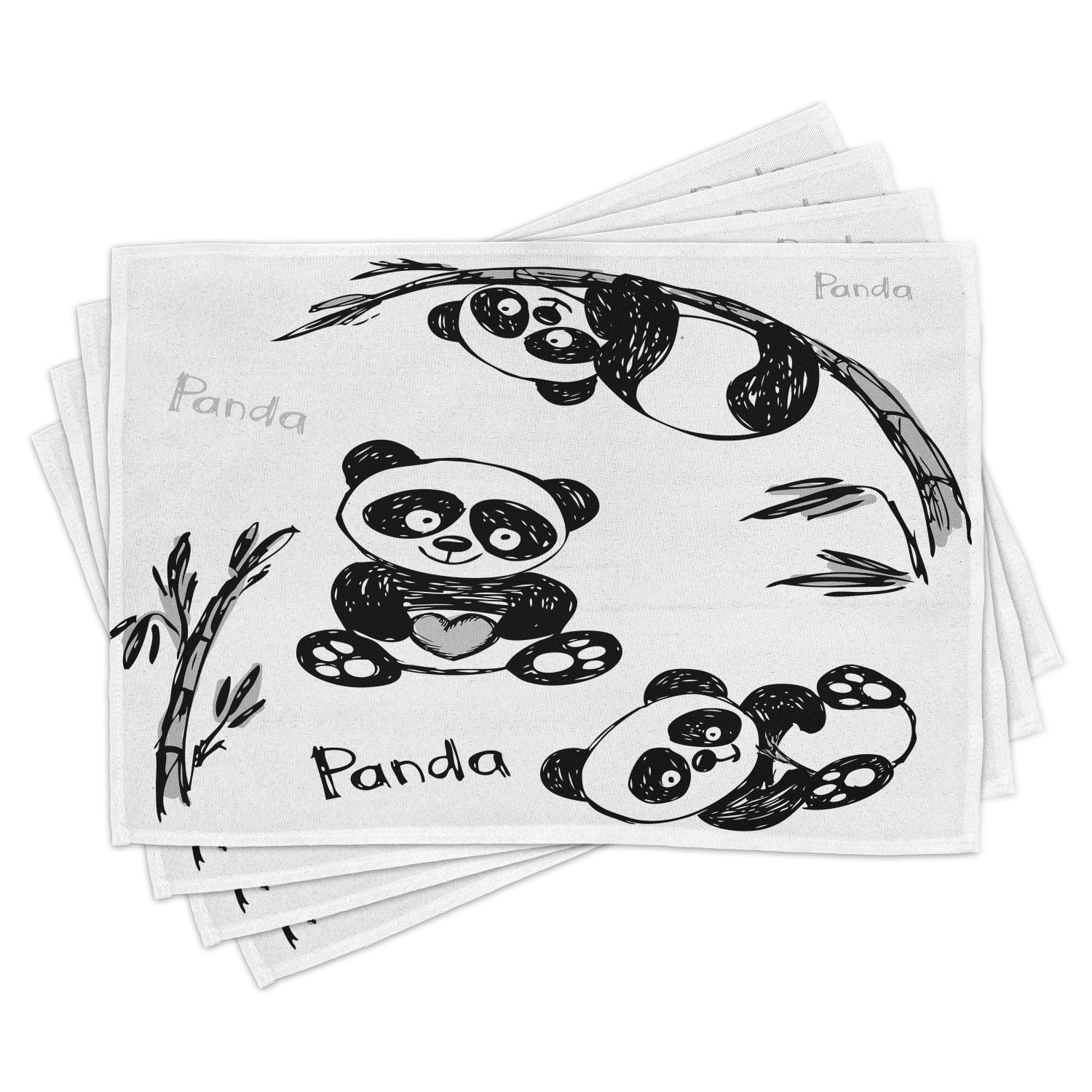 Ambesonne Cartoon Place Mats Set of 4, Hand Drawn Panda Poses, Standard ...