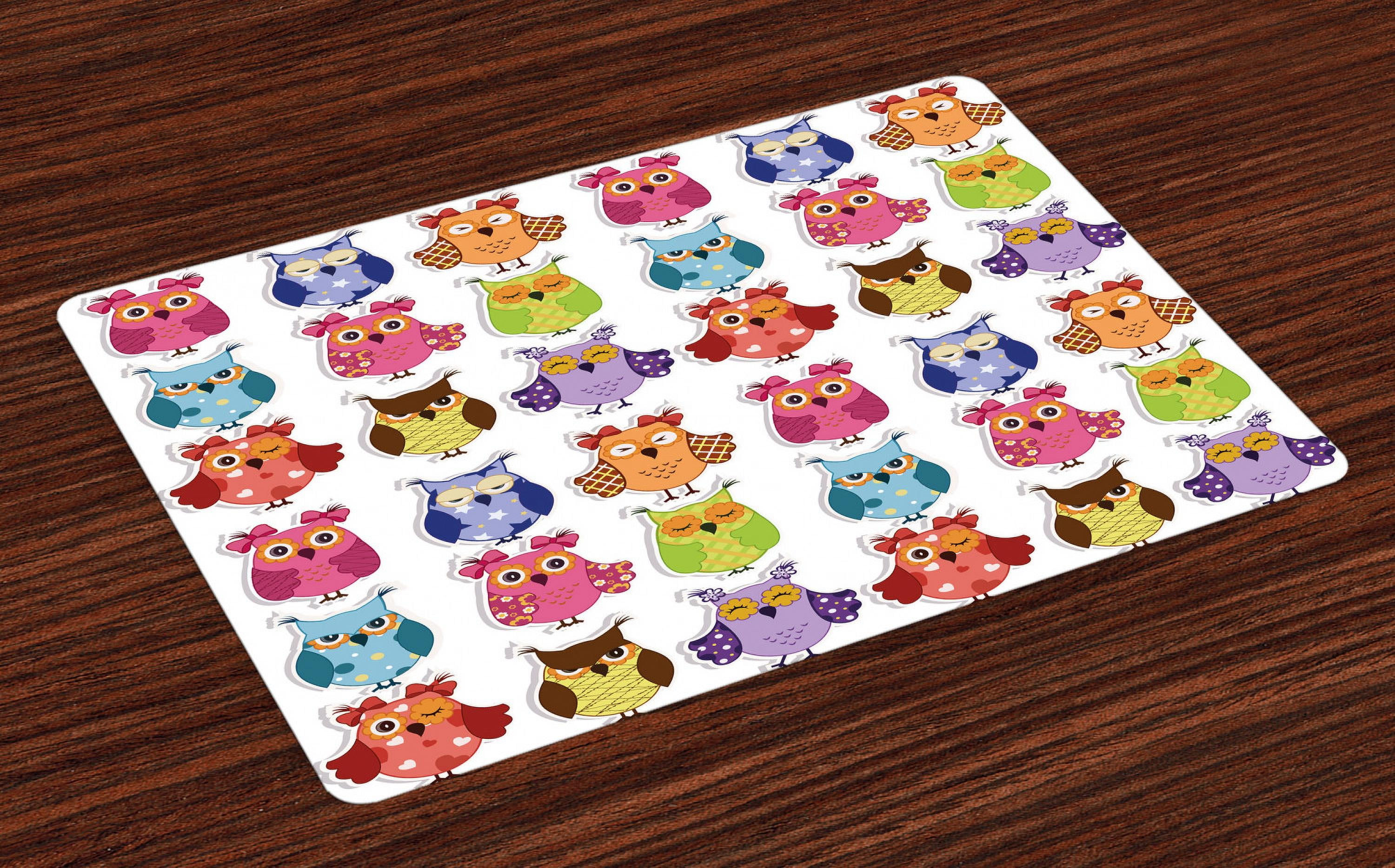 Ambesonne Cartoon Place Mats Set of 4, Owls Emotions, Standard Size ...