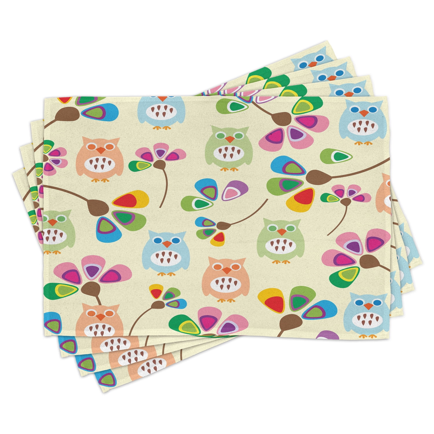 Ambesonne Cartoon Place Mats Set of 4, Owls Flowers Room, Standard Size ...