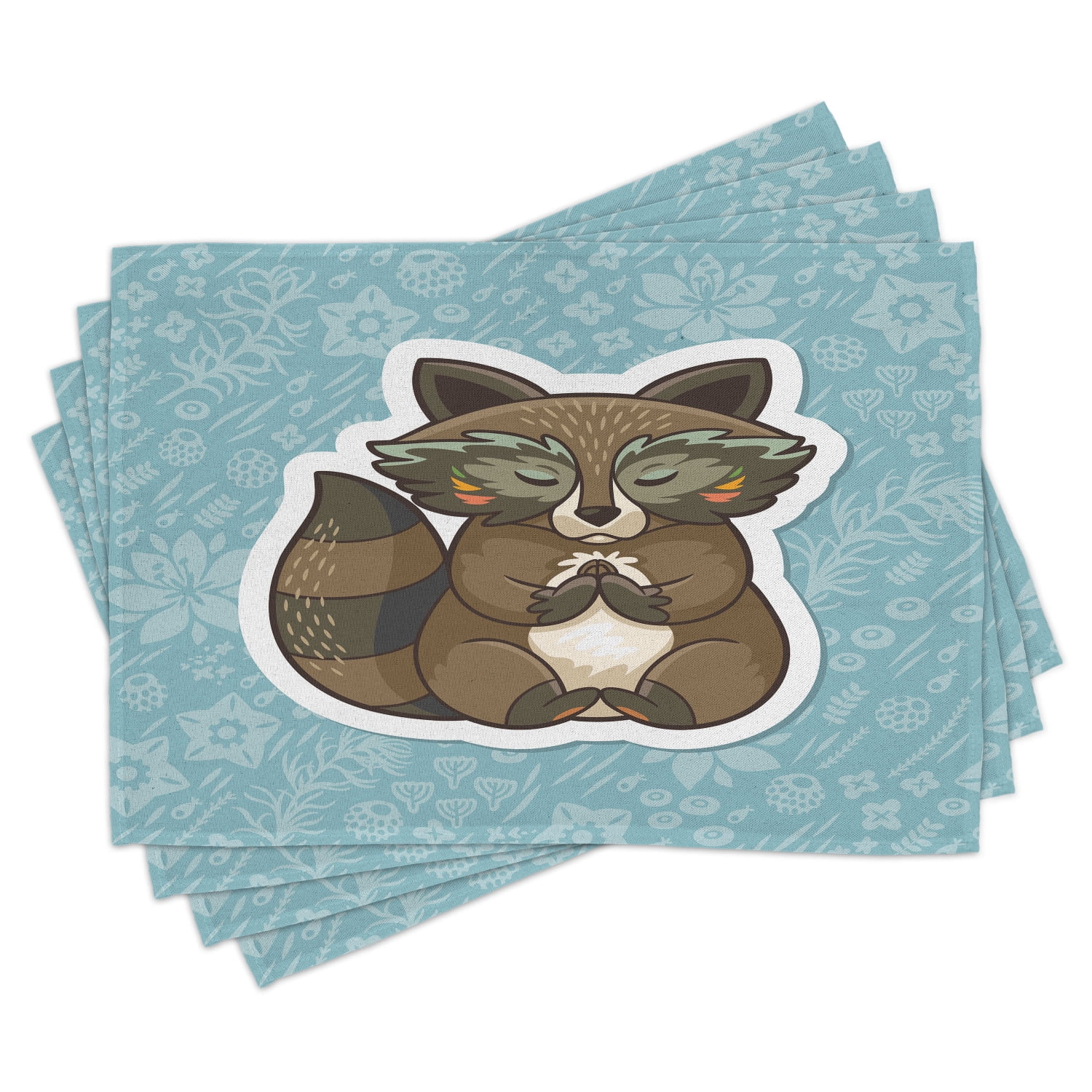 Ambesonne Cartoon Place Mats Set of 4, Raccoon on Meadow, Standard Size ...