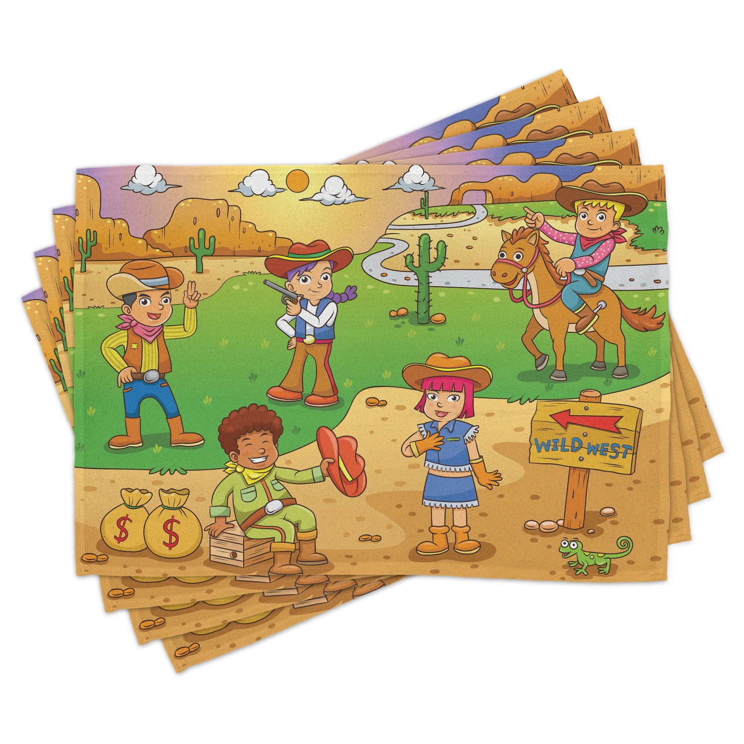 Ambesonne Cartoon Place Mats Set of 4, Wild West Cowboy, Standard Size ...