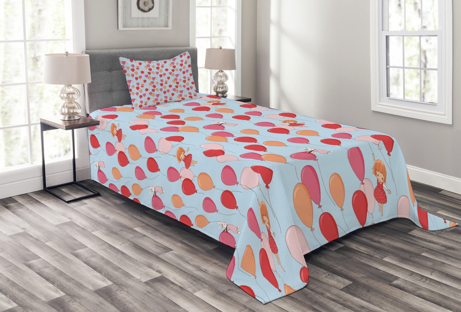 Ambesonne Cartoon Quilted Bedspread Set 2 Pcs, Bunny Girl and Balloons ...
